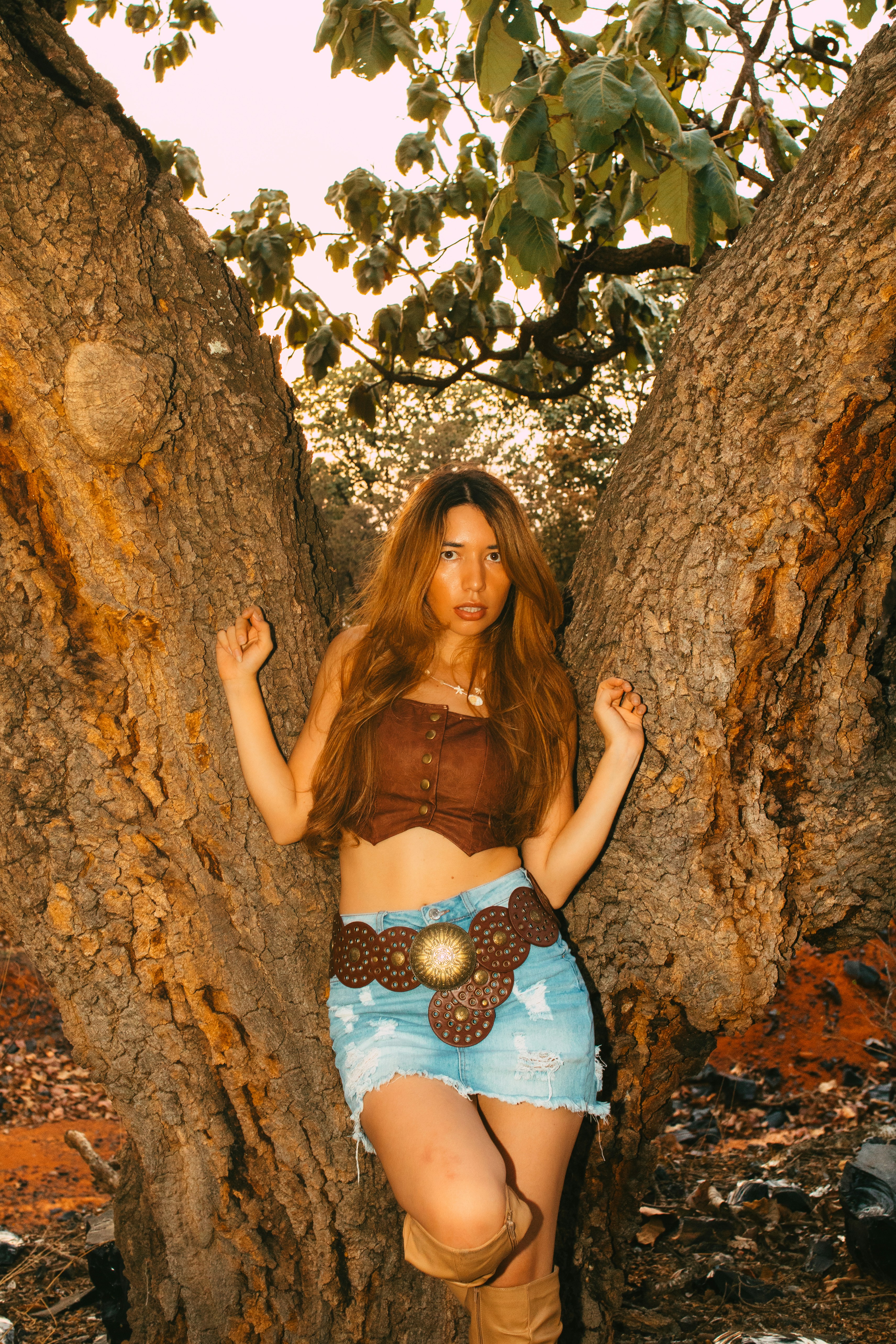 Sunlit Portrait Between Giants: A Skirted Moment in the Tree Trunk Alley