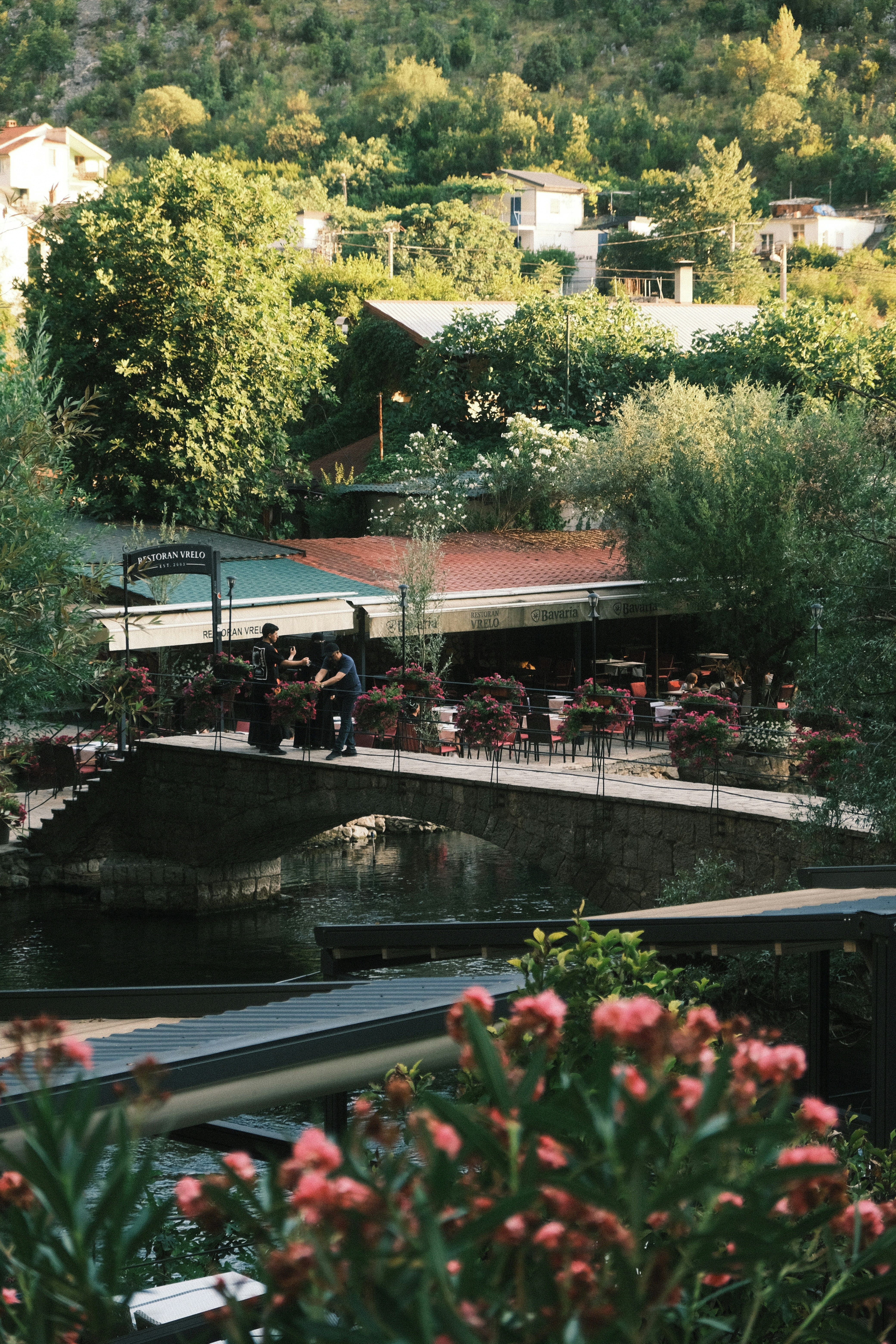 Riverside Café Corridor: Garden, Water, and People