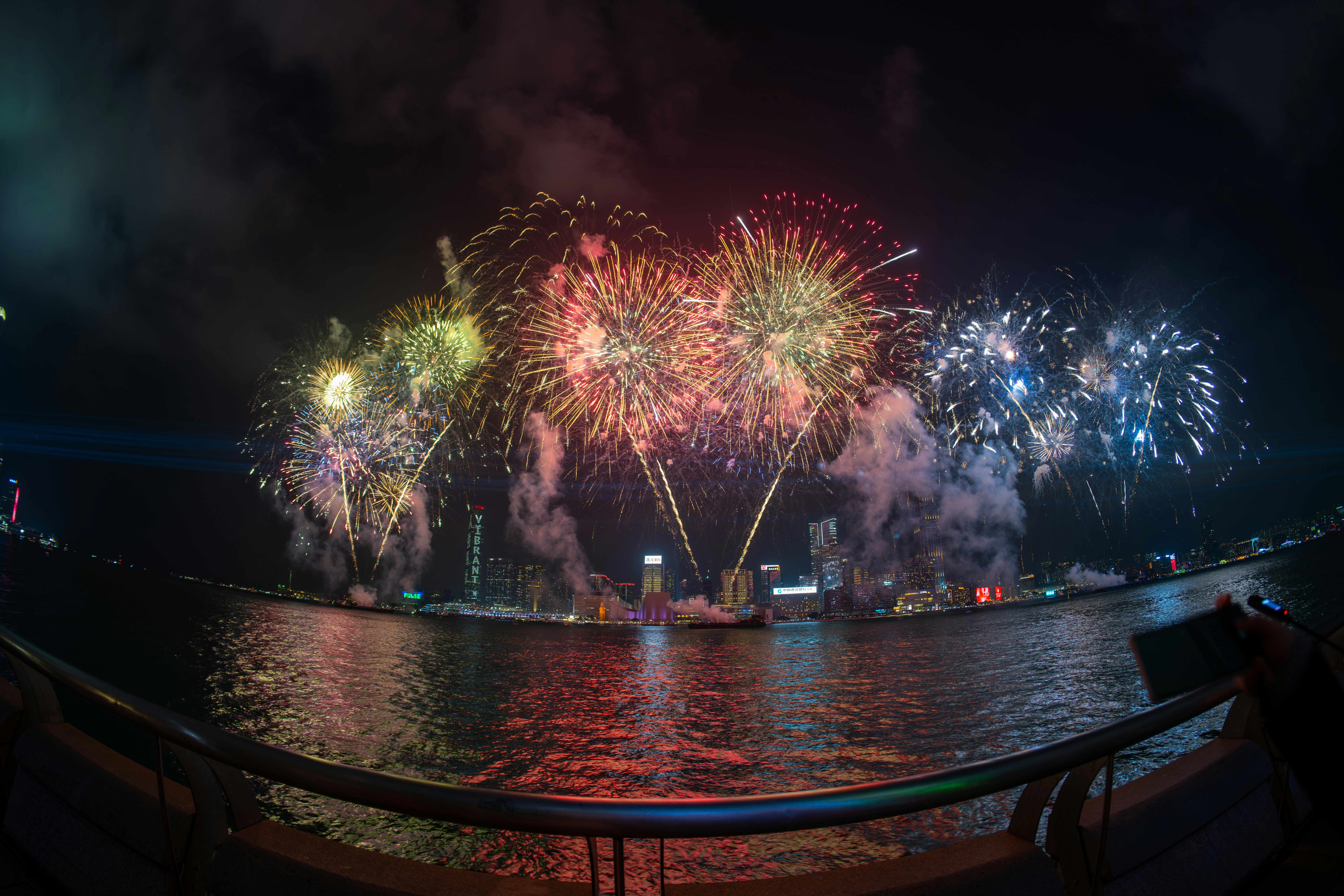 Fireworks Over the Waterfront: City Lights Ignite the Night Sky