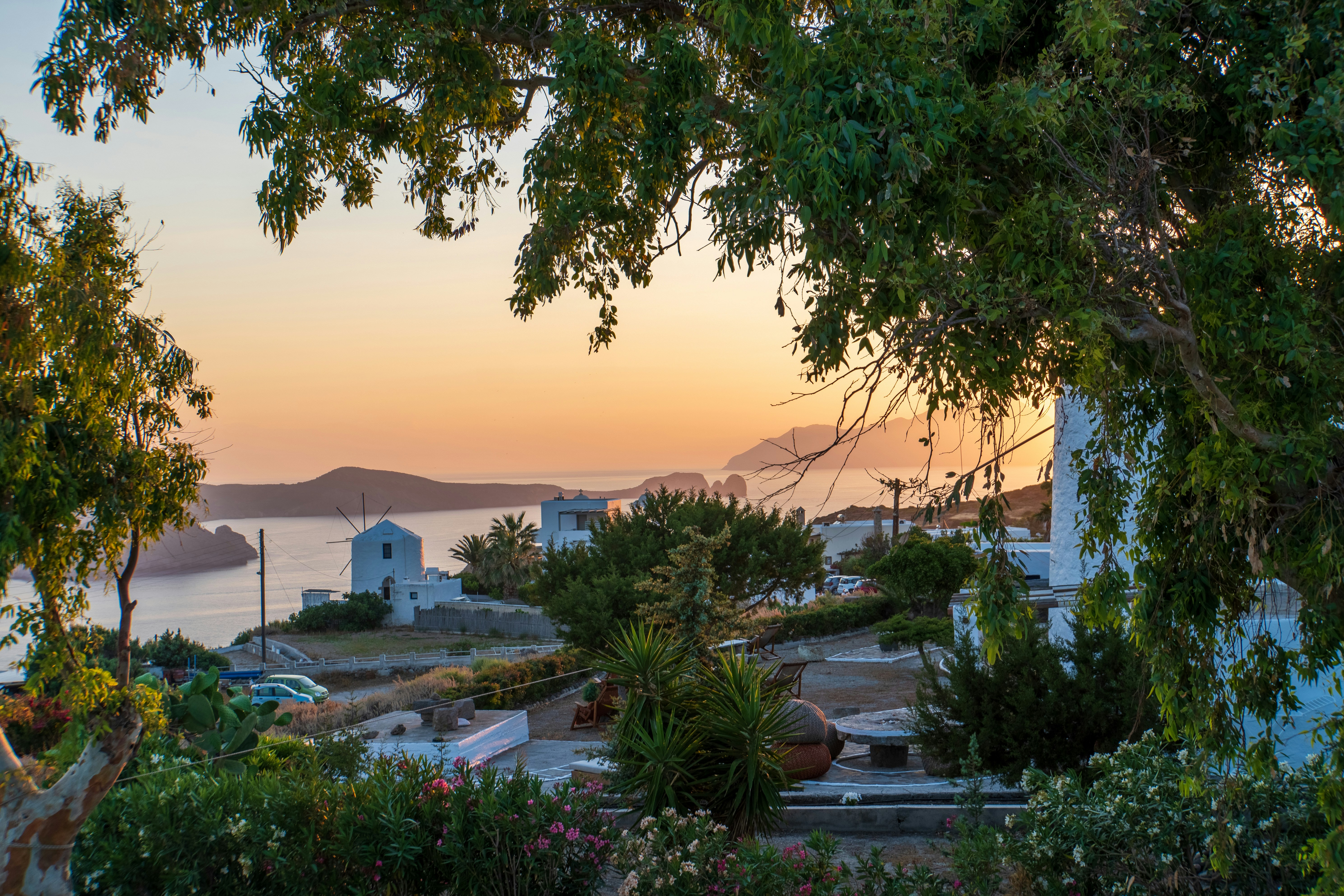 Sunset Over the Aegean Village garden view