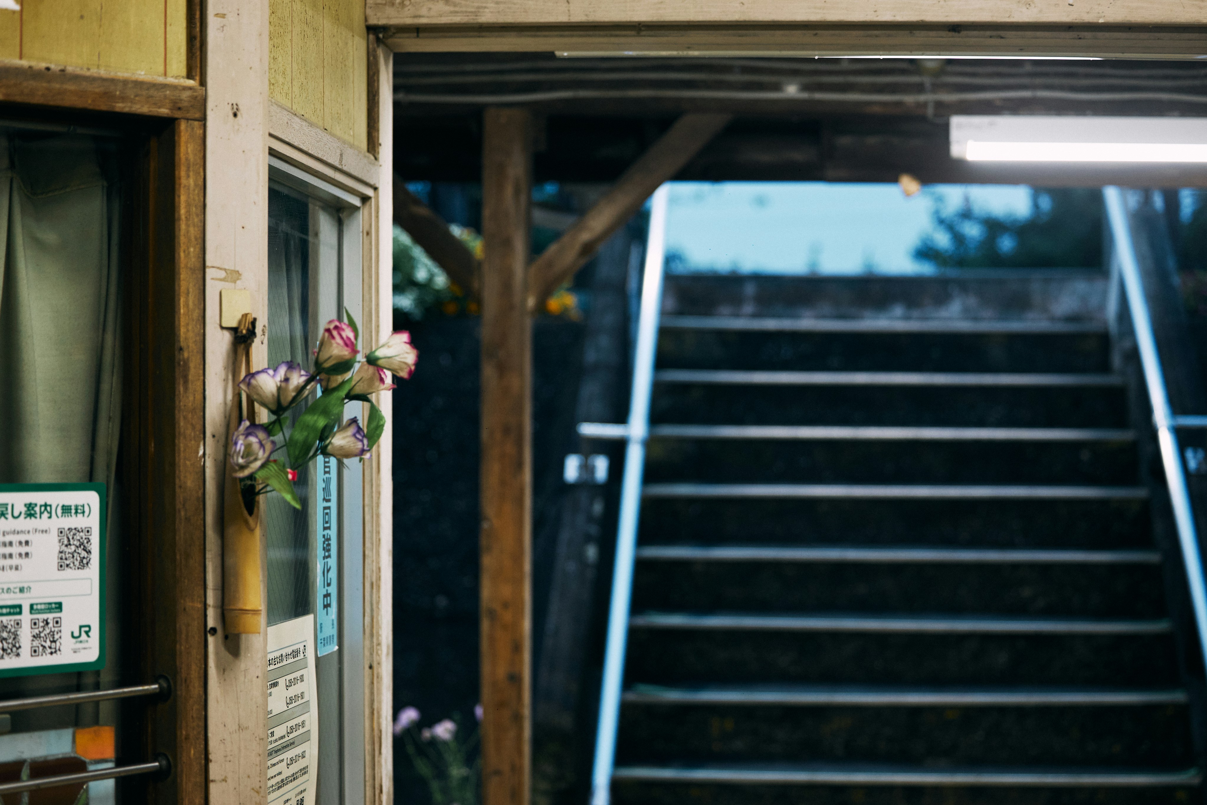 Quiet Threshold: A storefront with a blossoming bouquet beside the dim stairwell