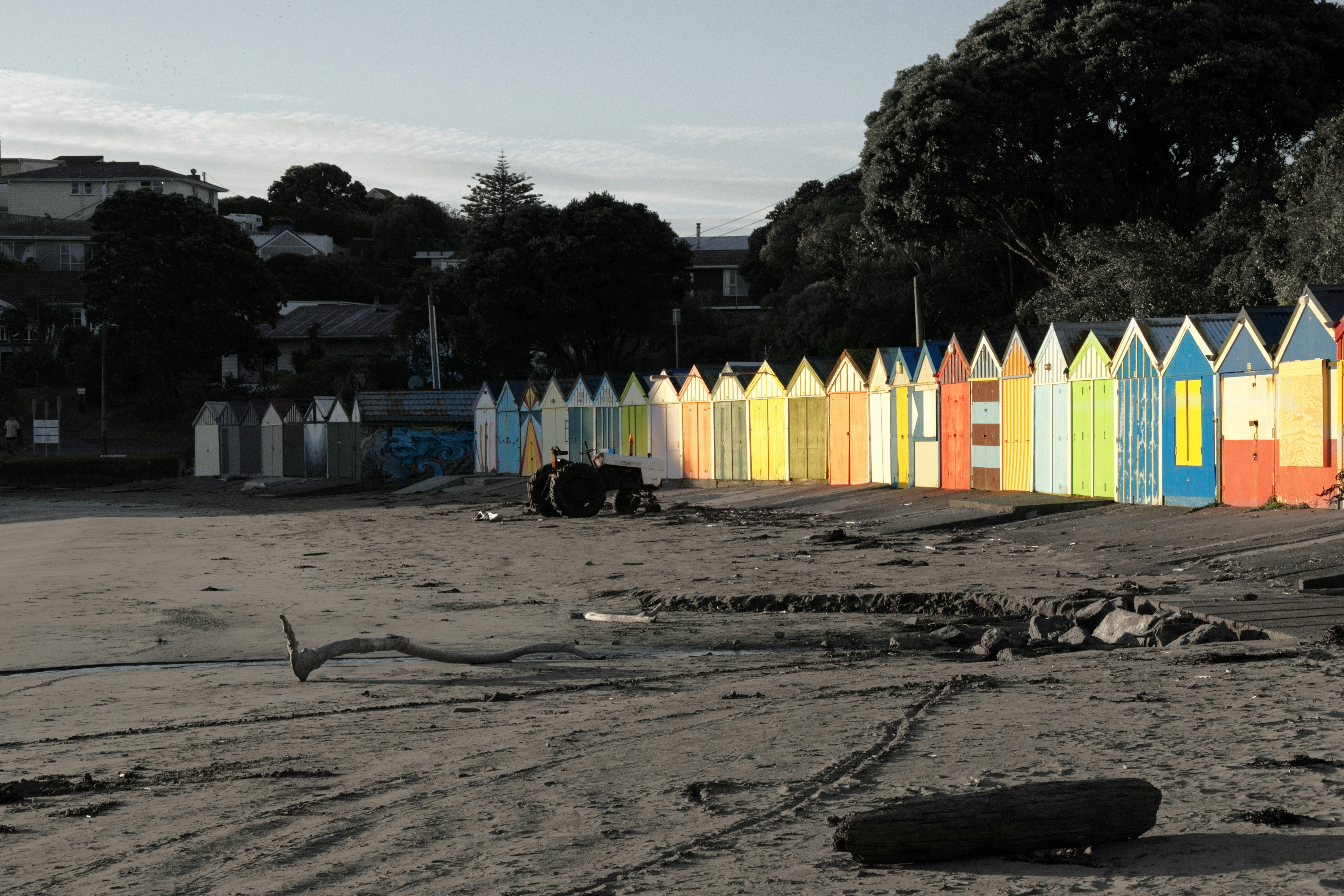 Row of Rainbow Cabana Row at a Quiet Beach