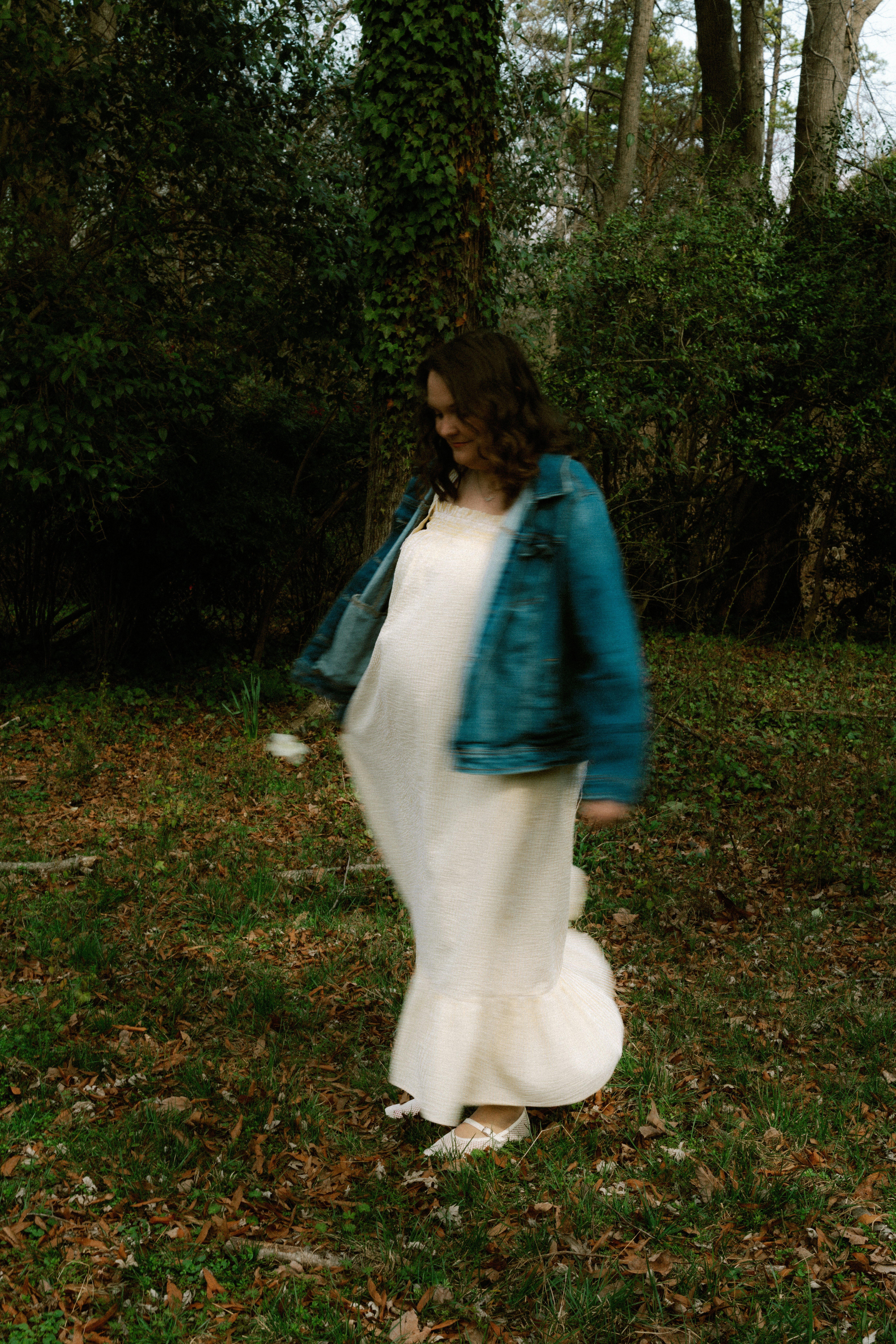 Soft Motion Through the Woods: A Woman in White and Denim