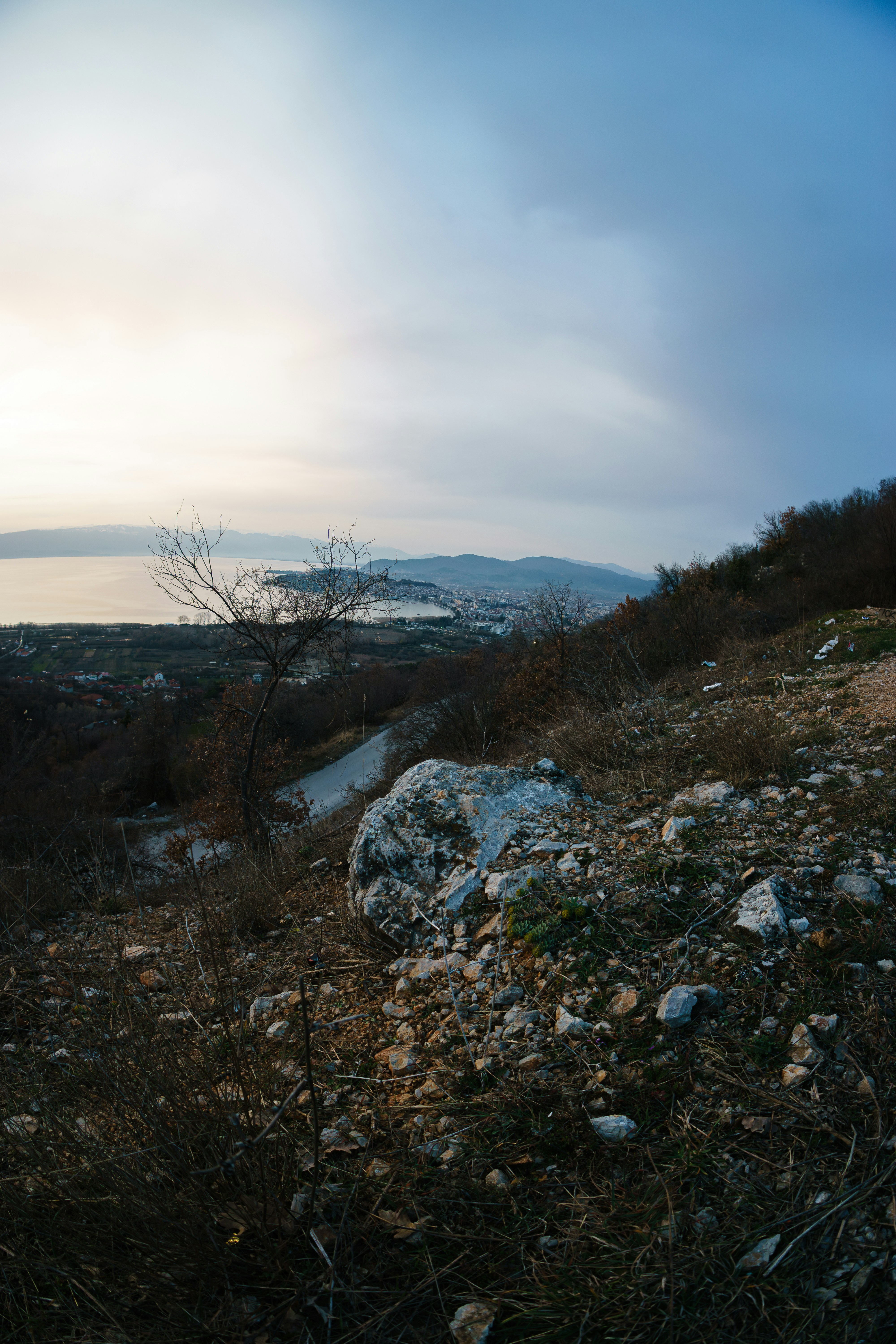 Quiet hillside overlook above a coastal valley at sunset