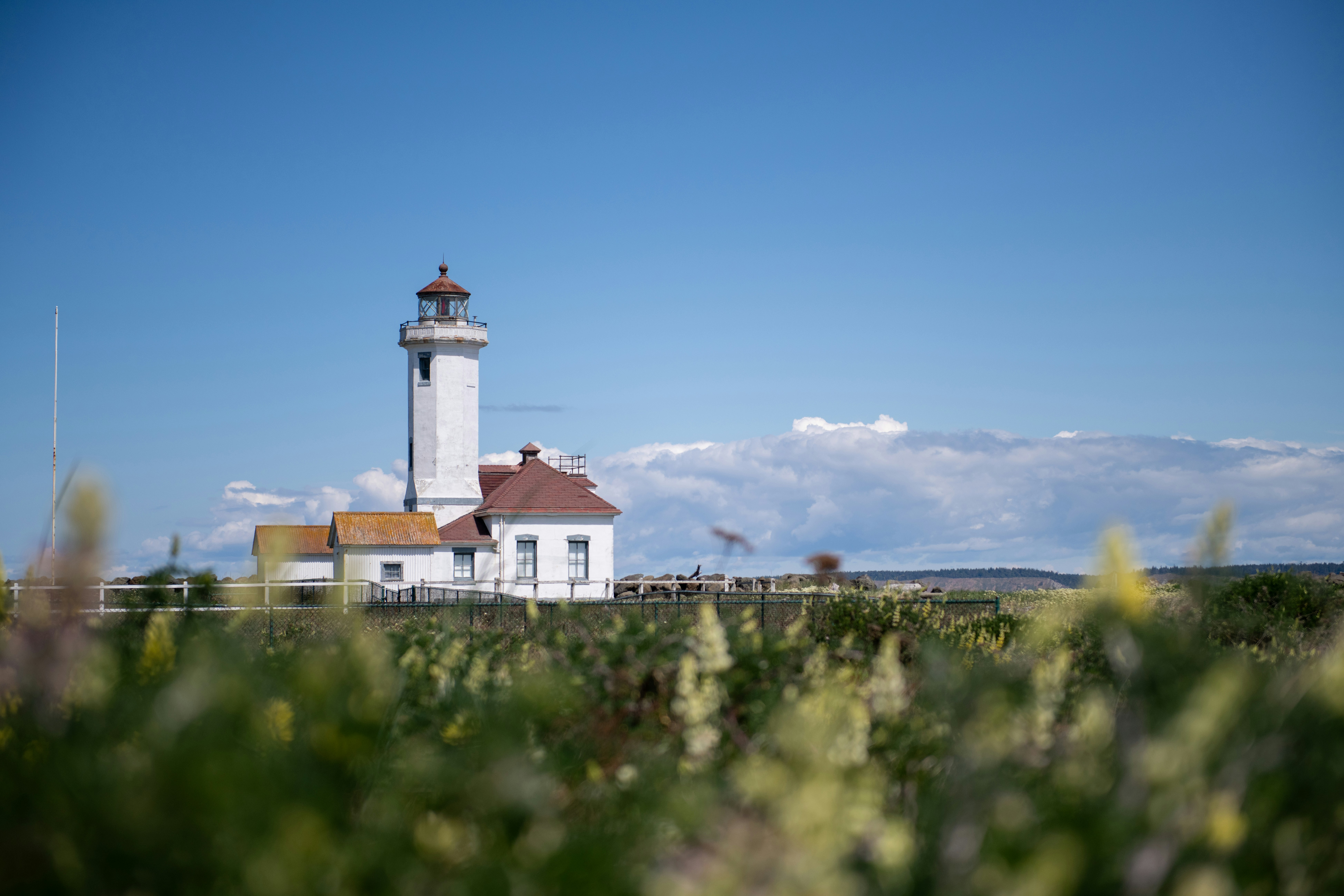 Lighthouse on the Low Bluffs: A Quiet Coast Under a Wide Blue Sky