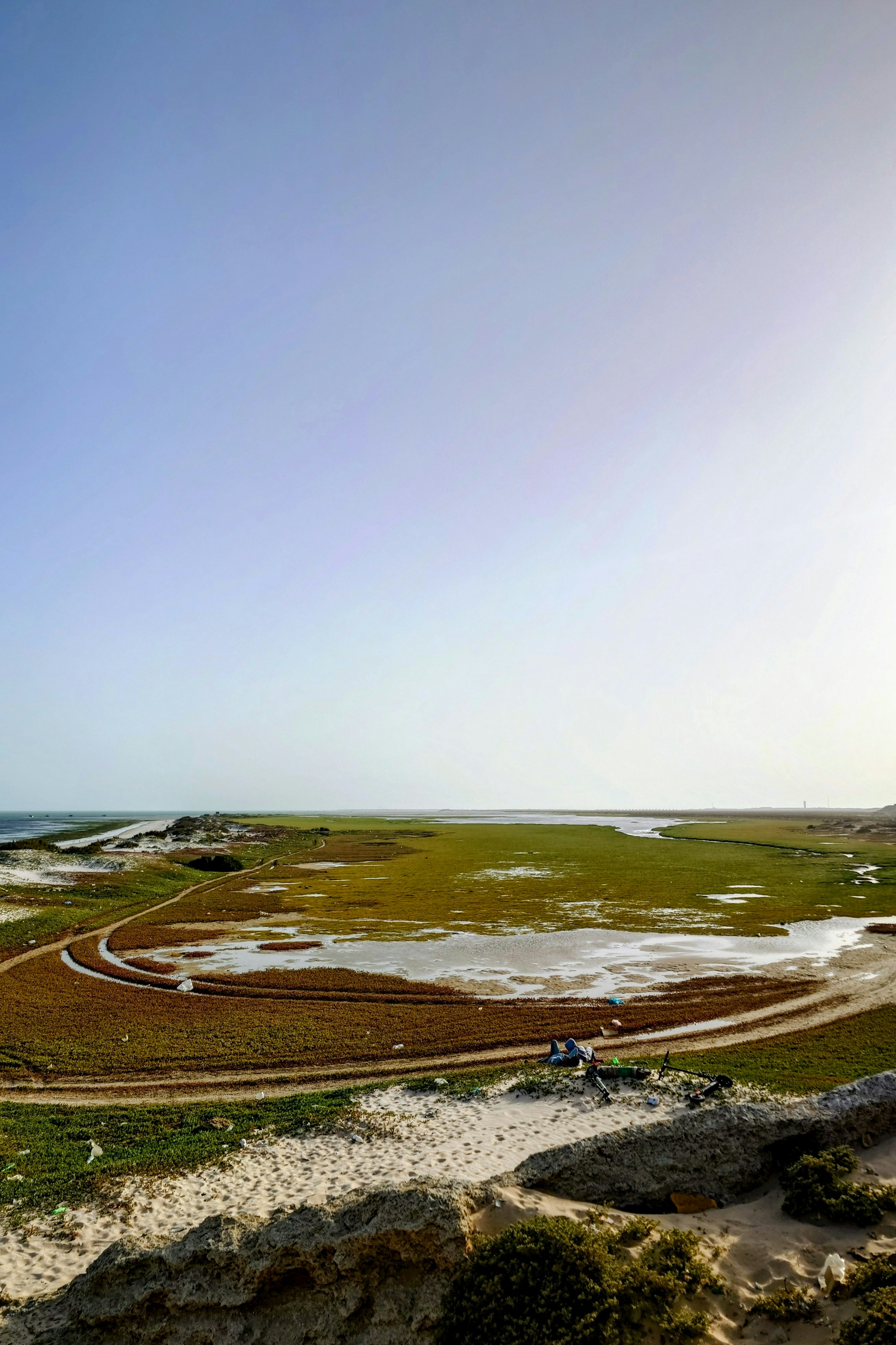 Coastal landscape with green fields and calm water