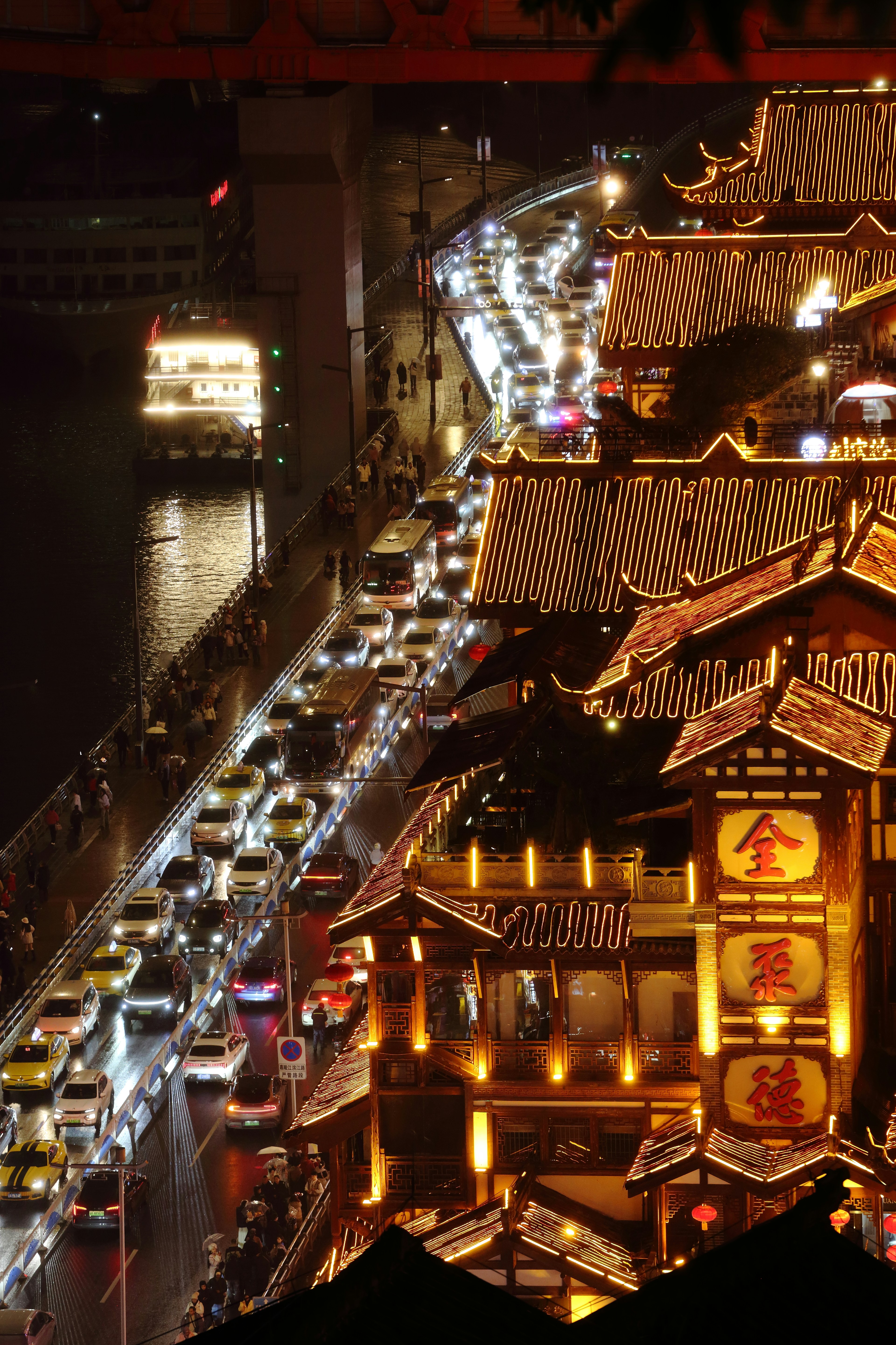 Neon-Glow Temple Row: Night Traffic Cascading Past Golden Rooflines