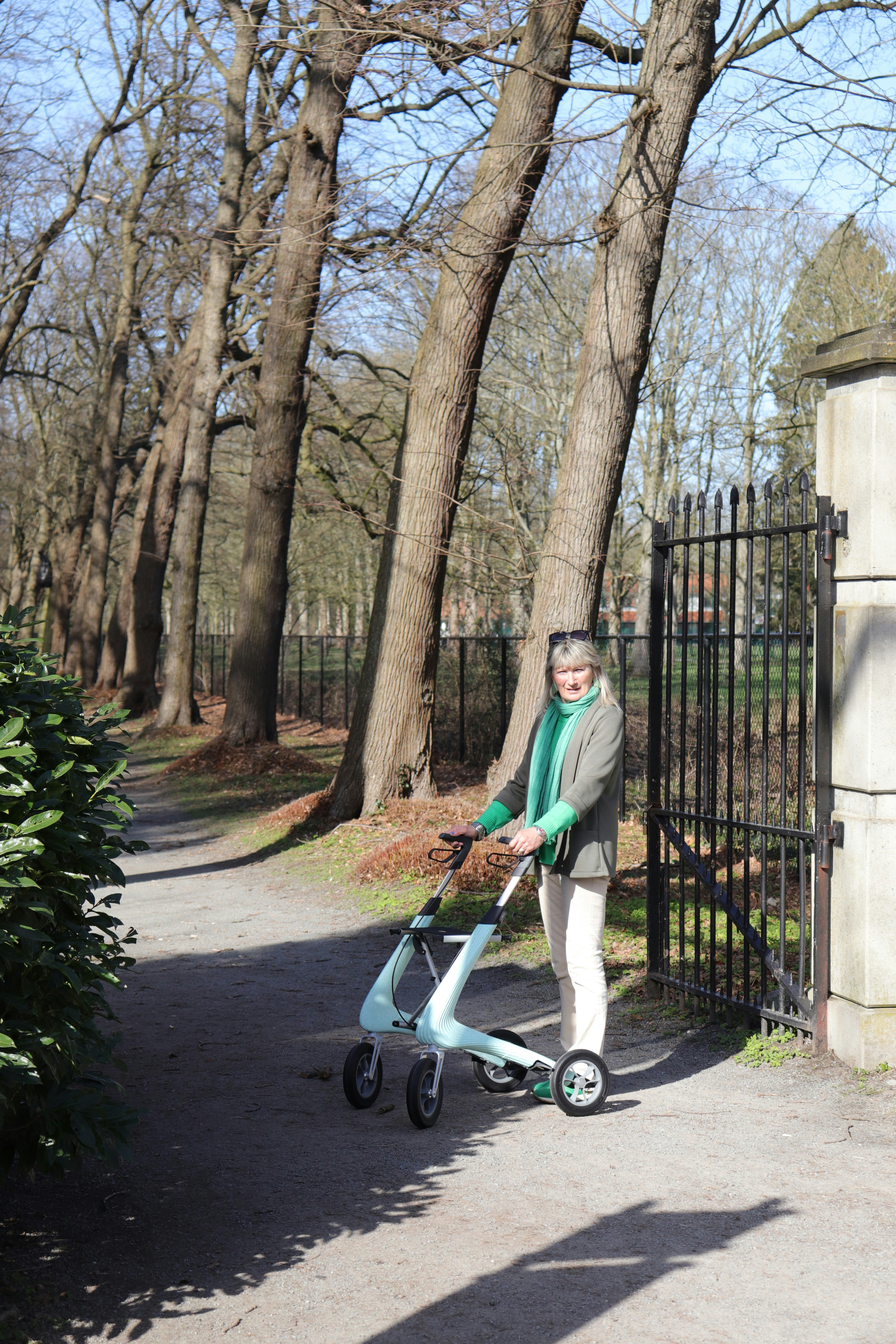 Stroller pause by the sunlit path
