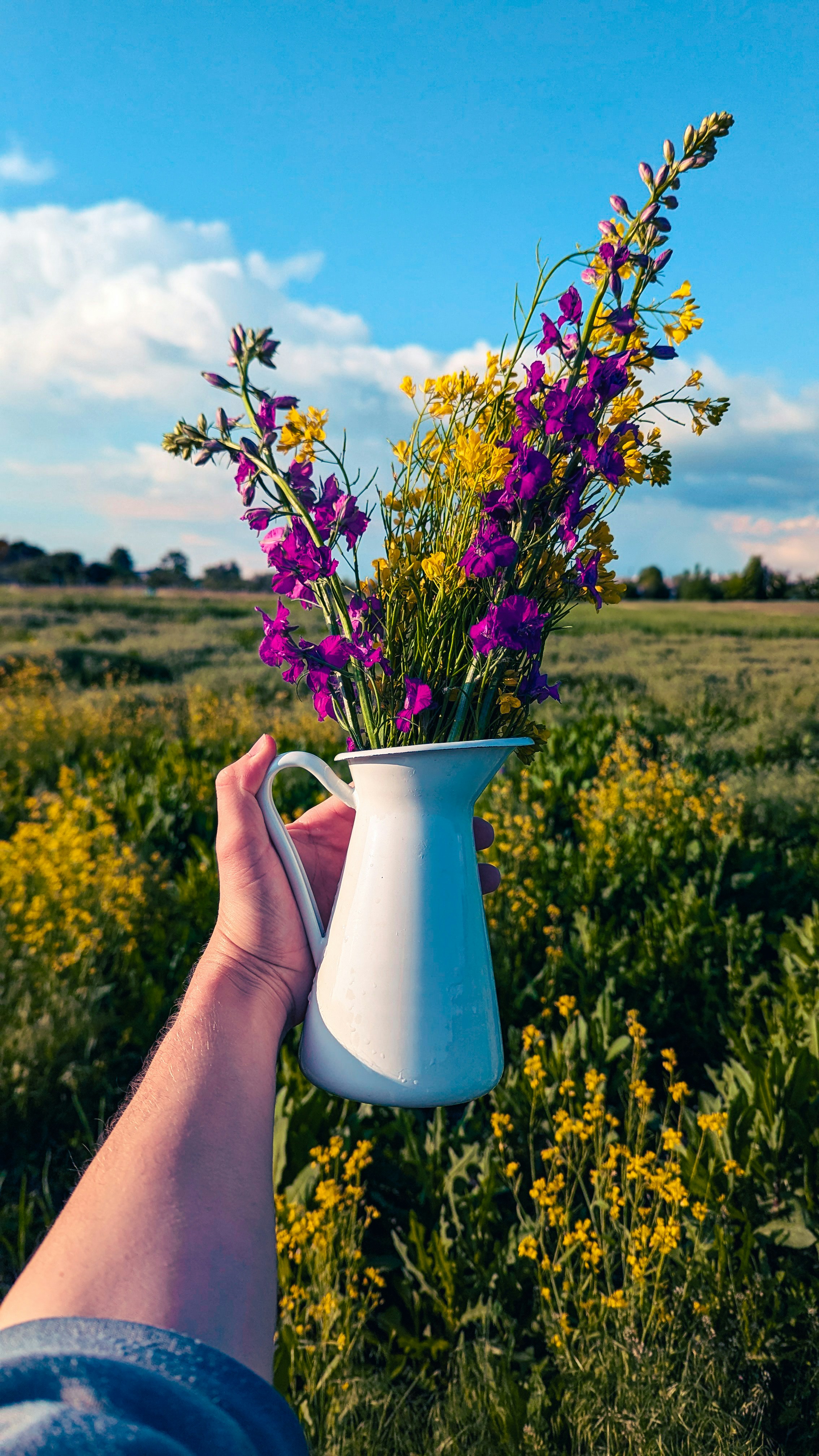 Handheld Vase of Wildflowers Raised Against Field of Golden Blooms