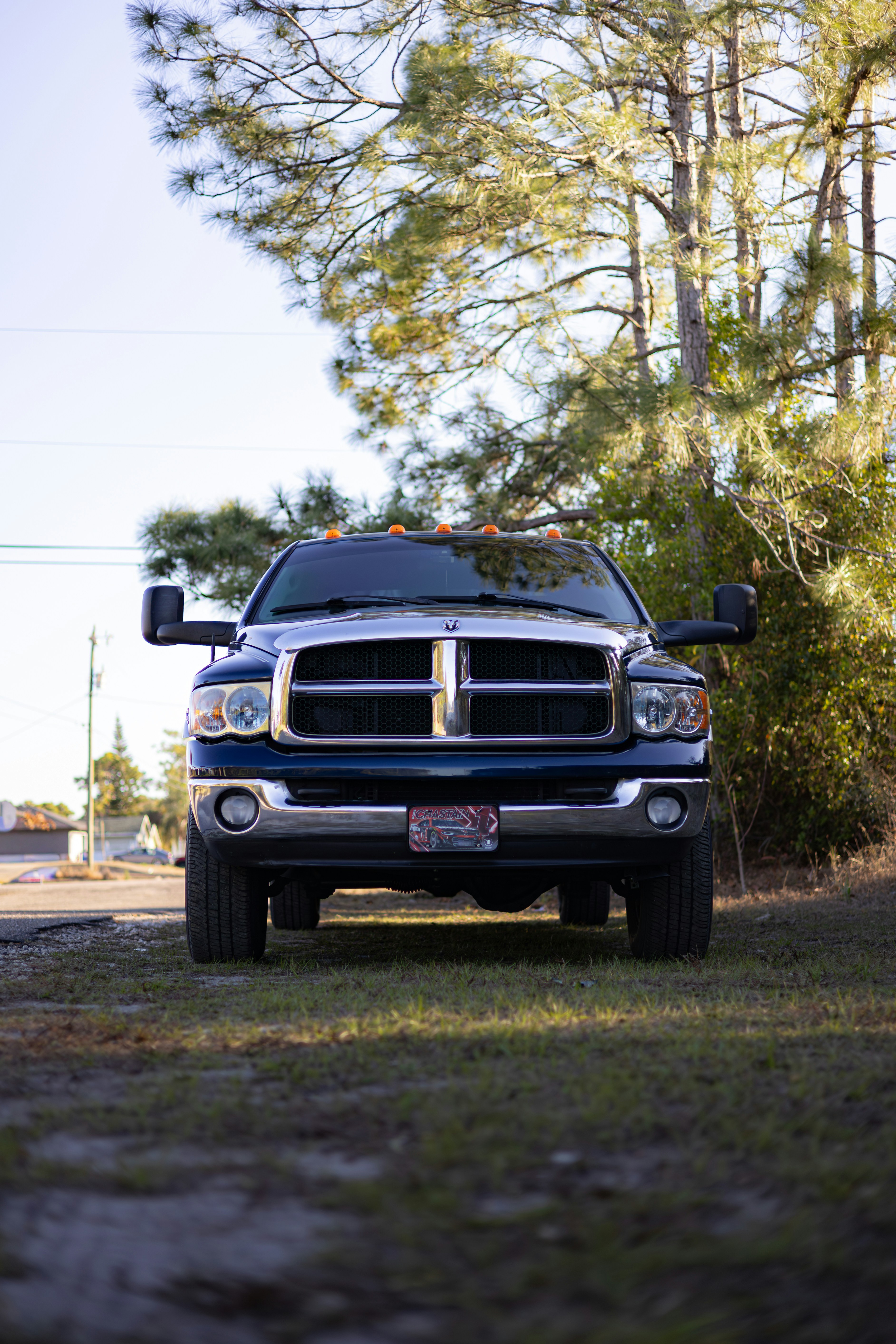 Front and Center: A Bold Pickup Reigns on a Sunlit Dirt Road
