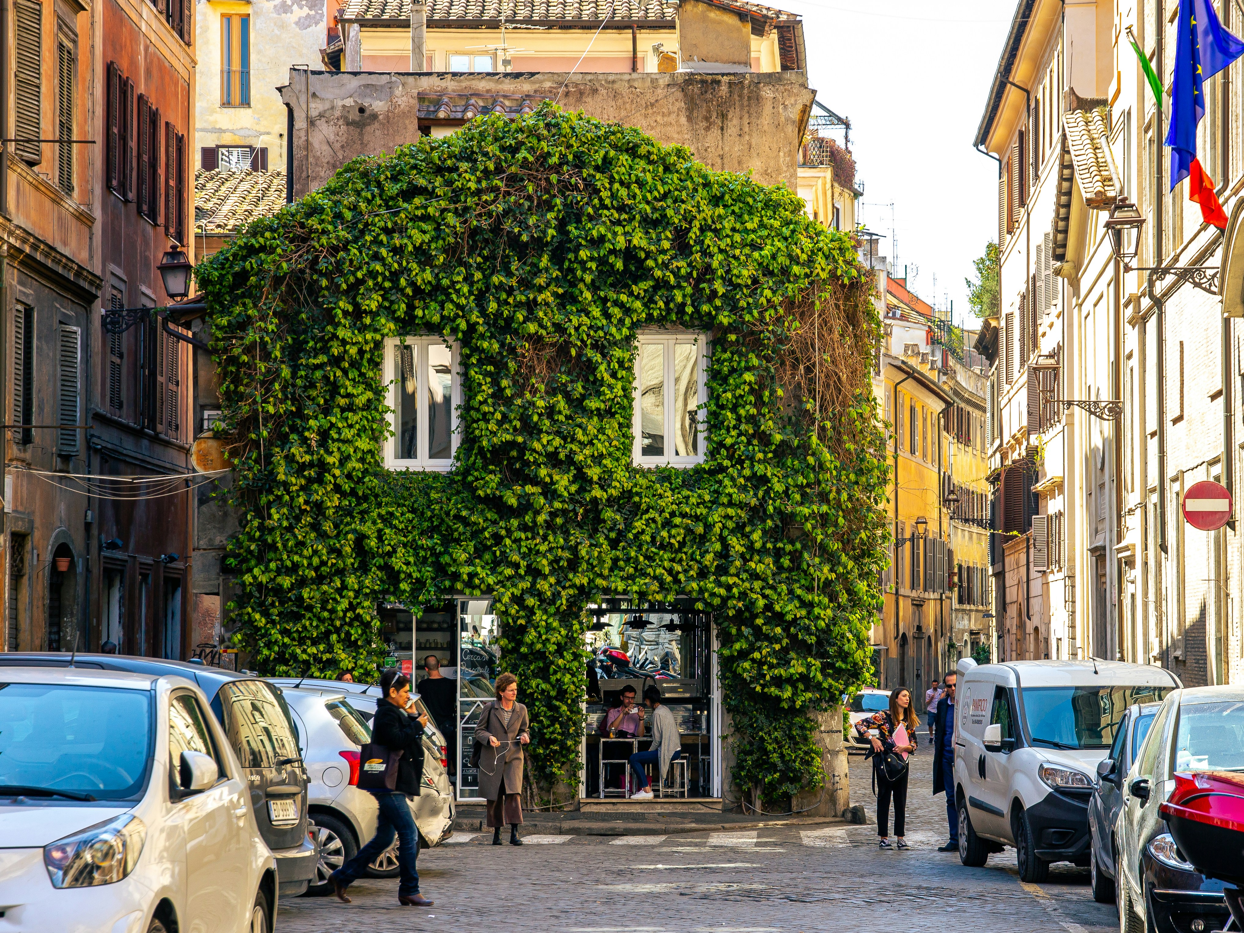 Ivy-clad storefront on a sunlit European street