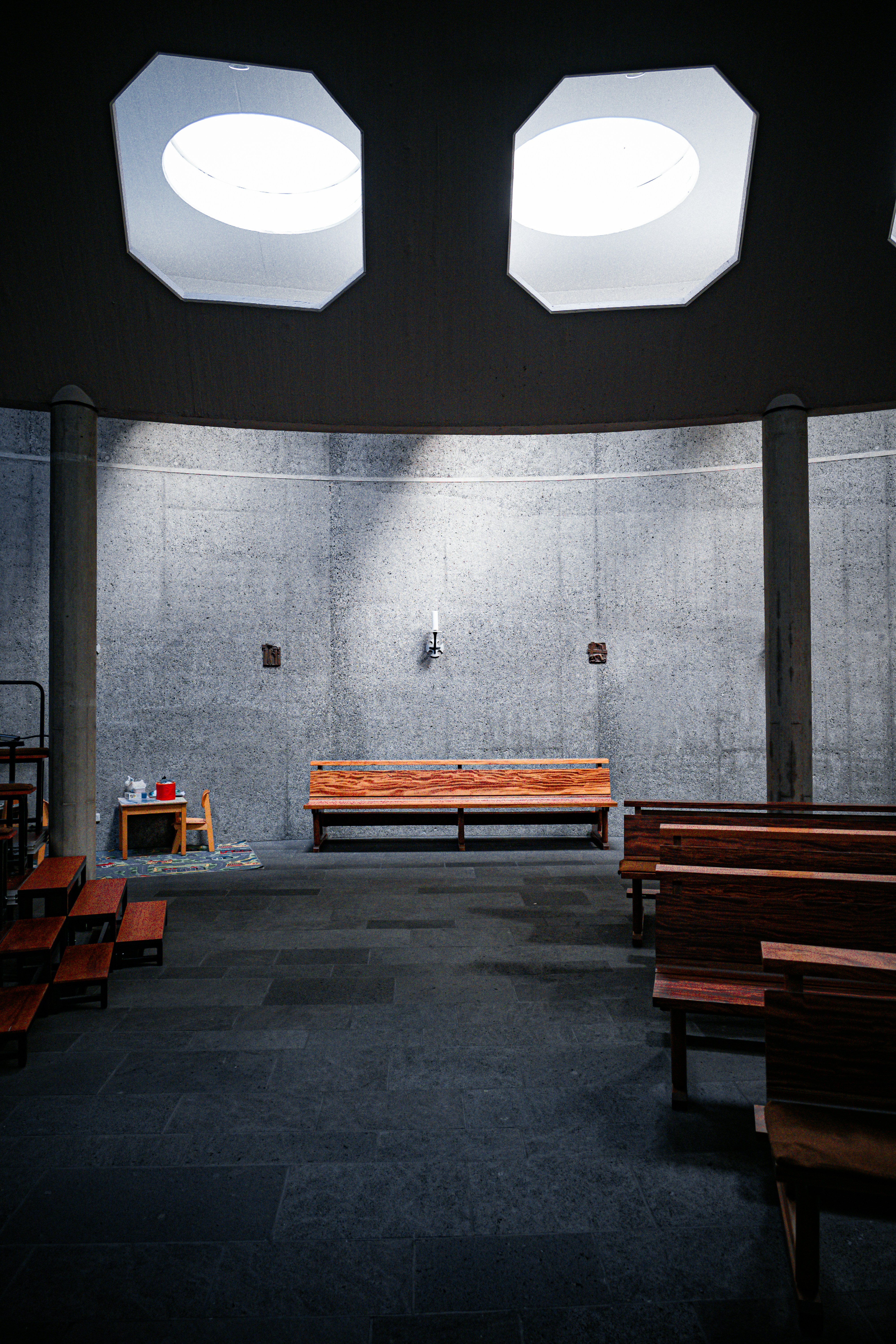 Quiet Chapel Aisle: Light through Circular Domes