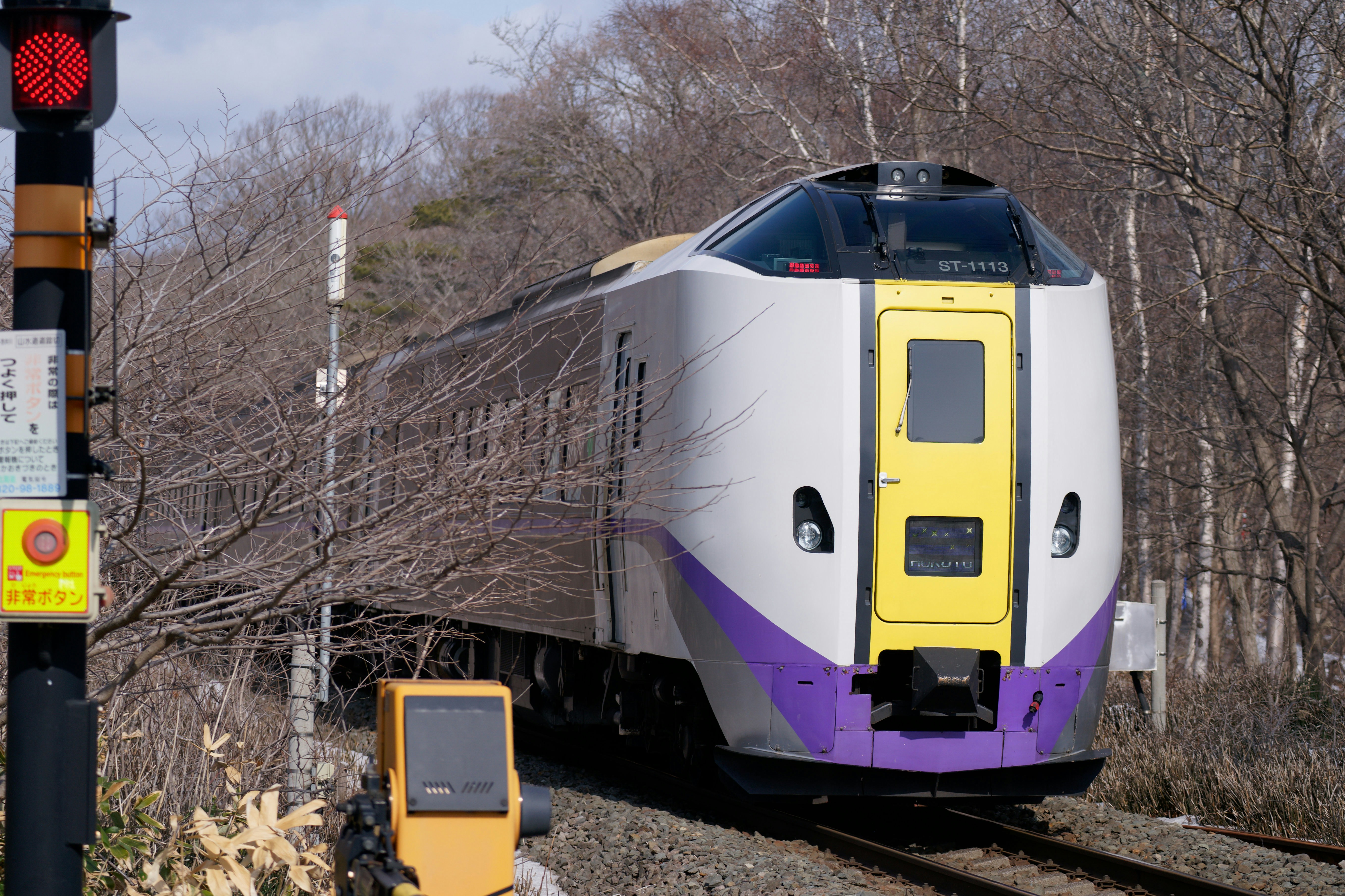 Purple-fronted Shinkansen on a Quiet Rural Track