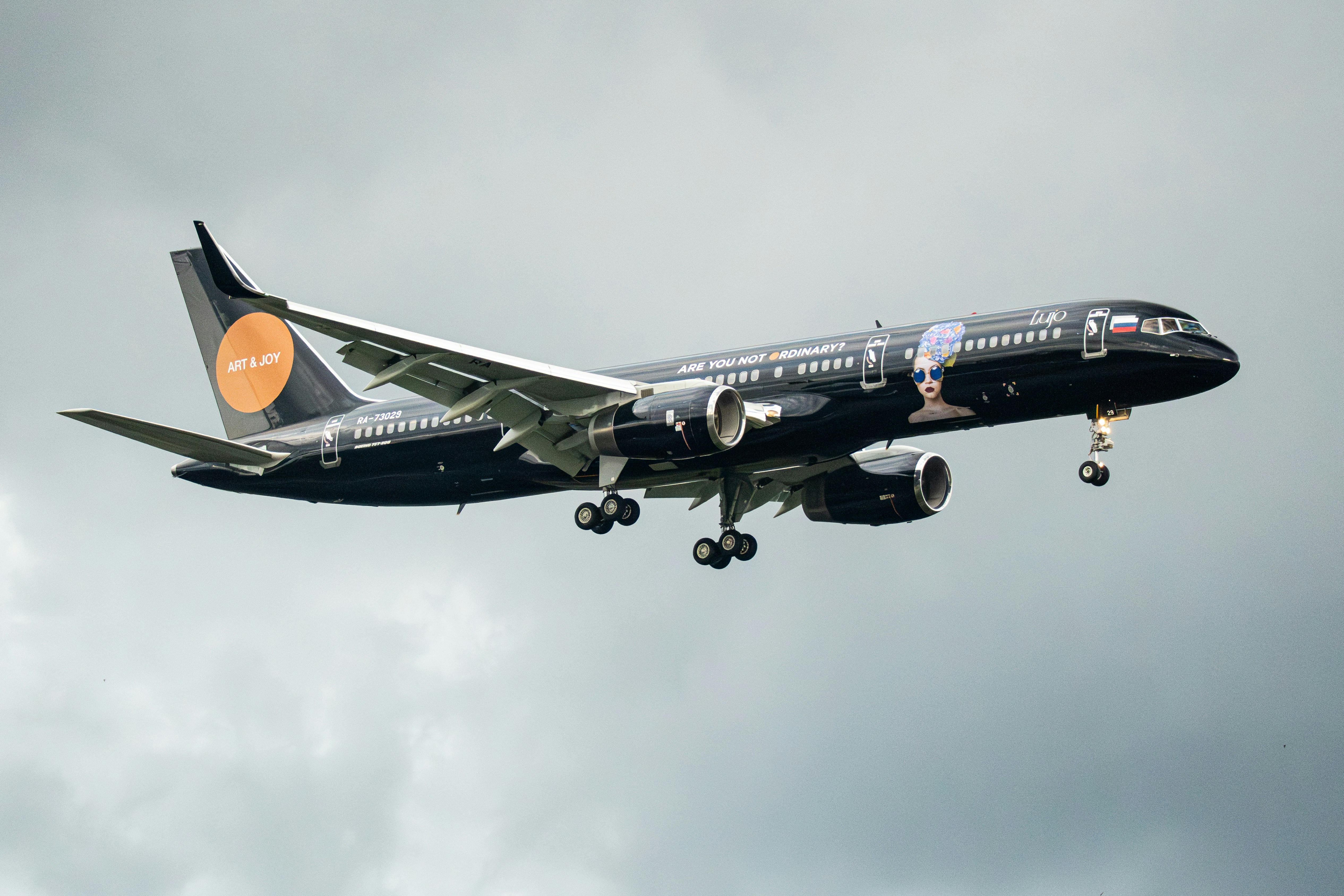 Jet in Flight: A JetBlue-like livery glides through overcast skies