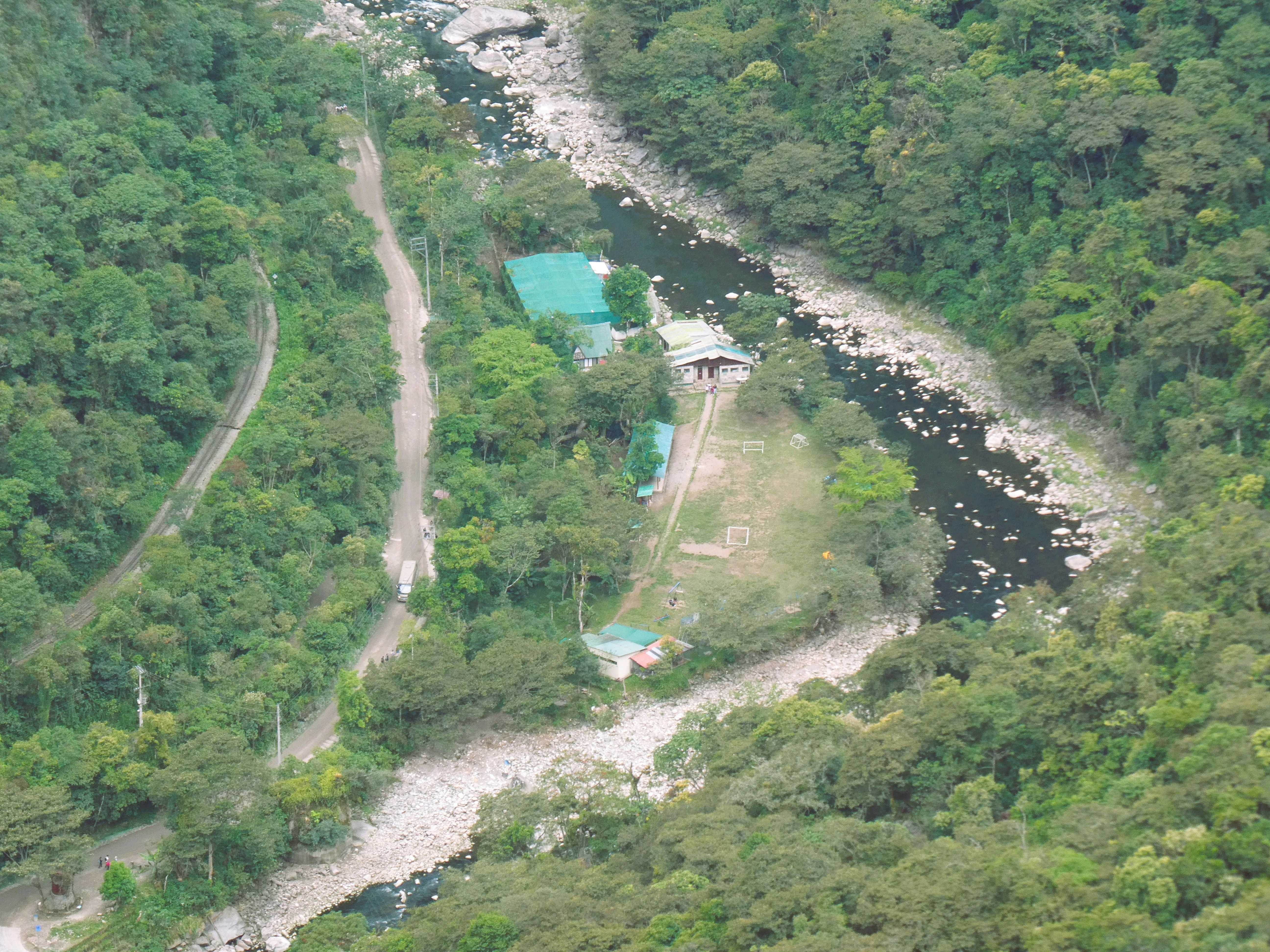 View from the bus on the way to Machu Picchu. 'Lost City of the Incas', Inca citadel of Machu Picchu. Built around 1450 in the Andes mountains above the Urubamba river valley between two sharp peaks. The terraces of Machu Picchu were used for the slope stabilization and corn cultivation.