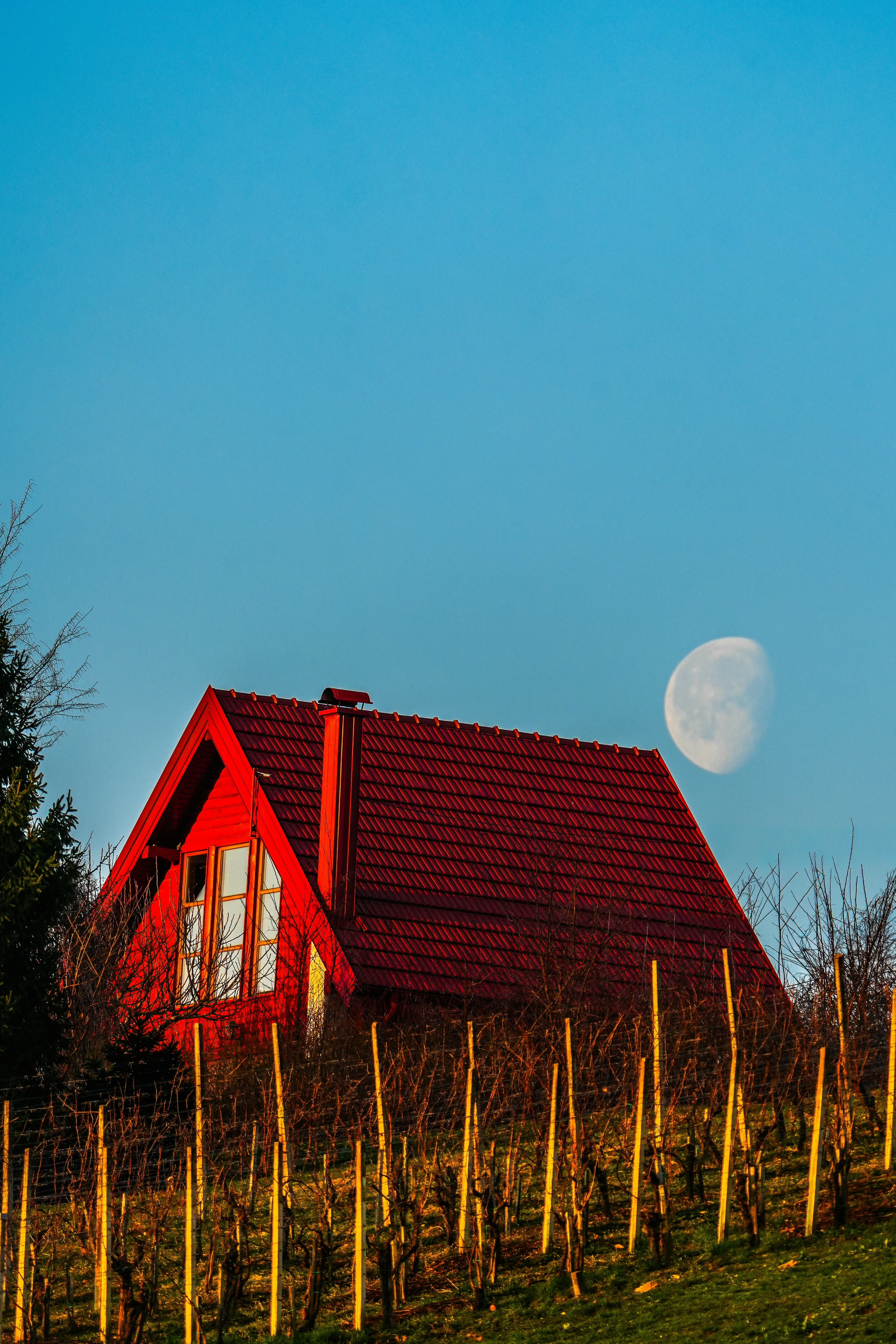 Crimson Pavilion: A Red Roof Framed by a Crescent Moon