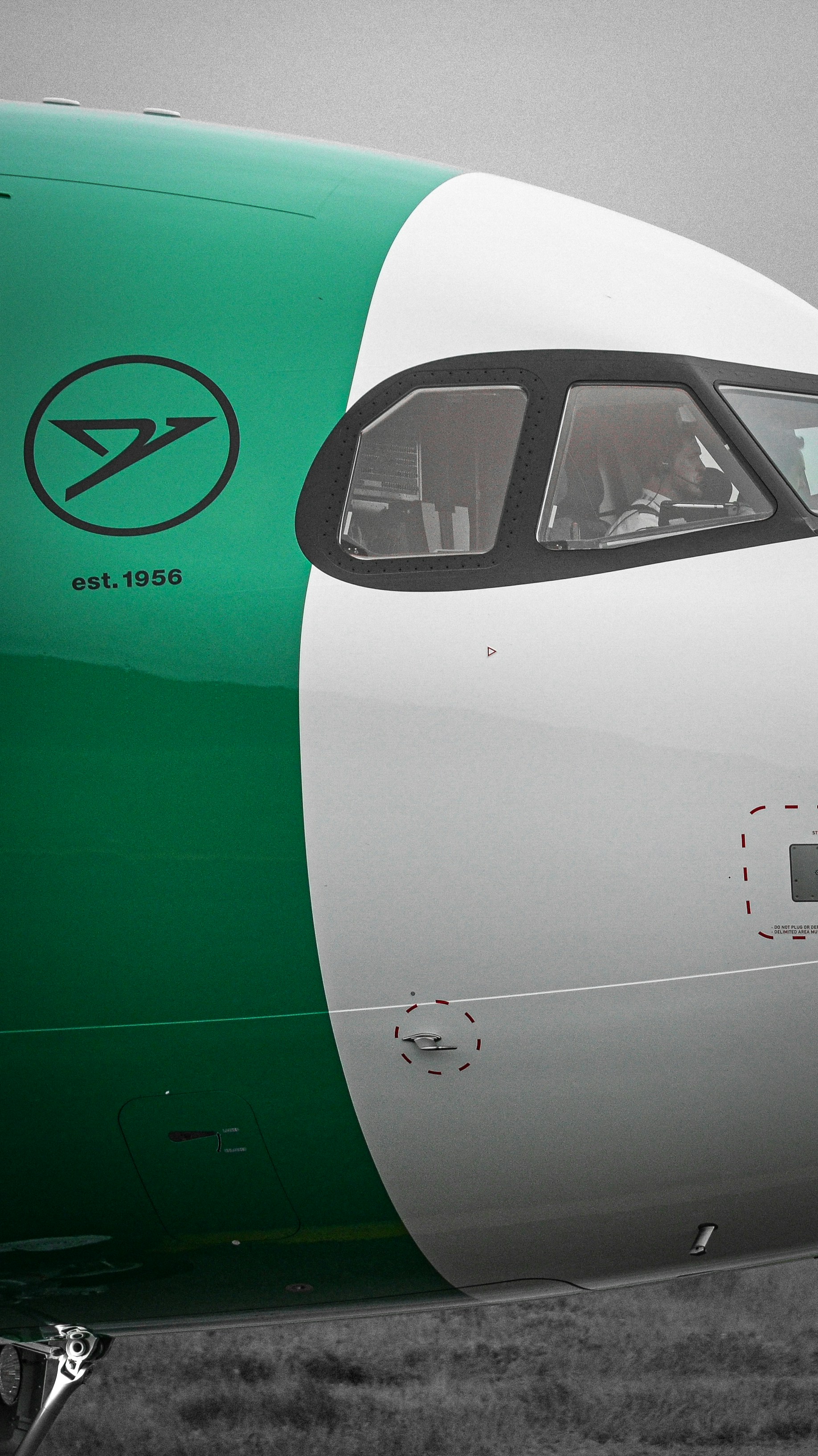 Green Nose: A Close-Up of a Jet’s Cockpit Window and Livery