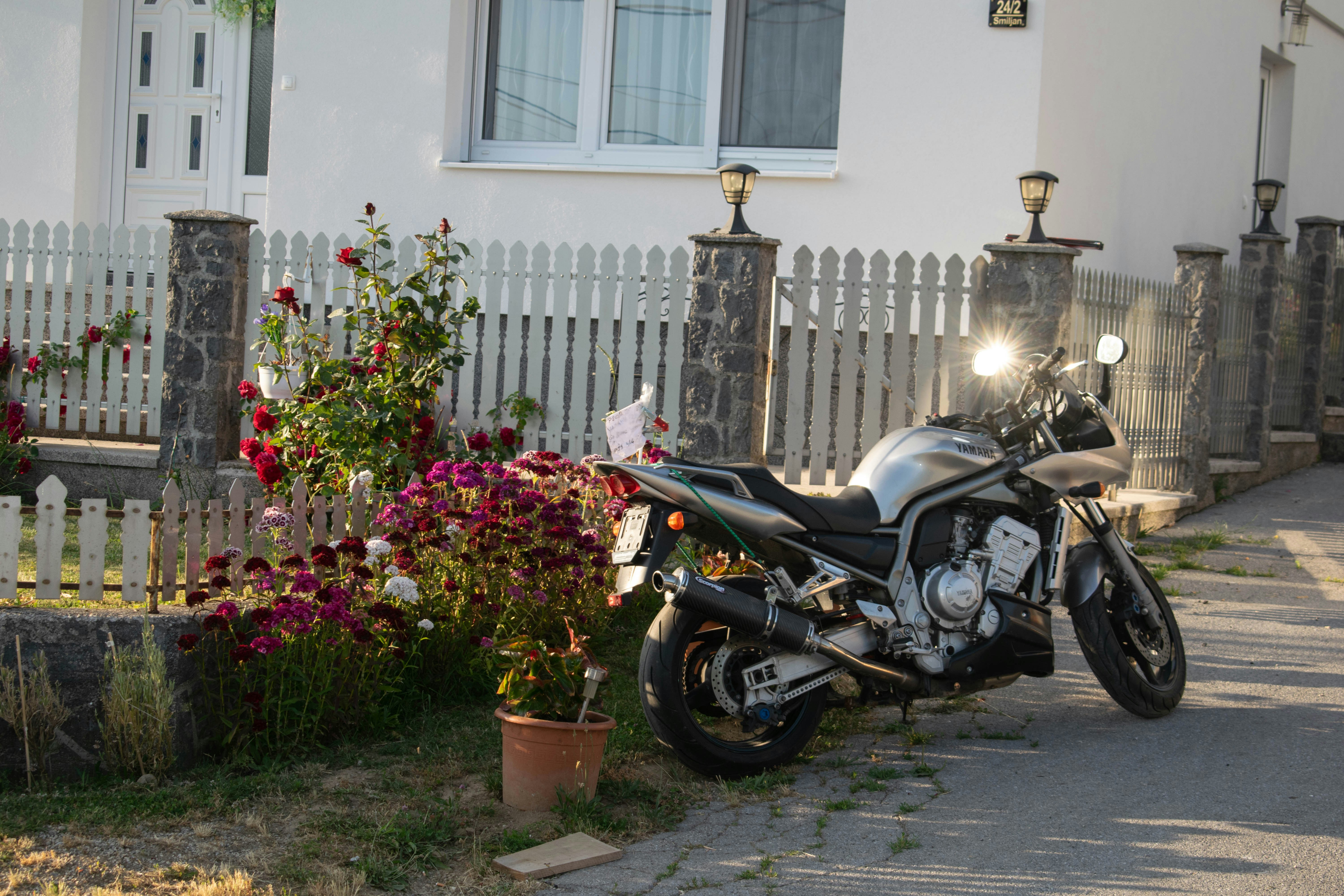 Midday Street Runner: Silver Motorcycle by a Flower Garden