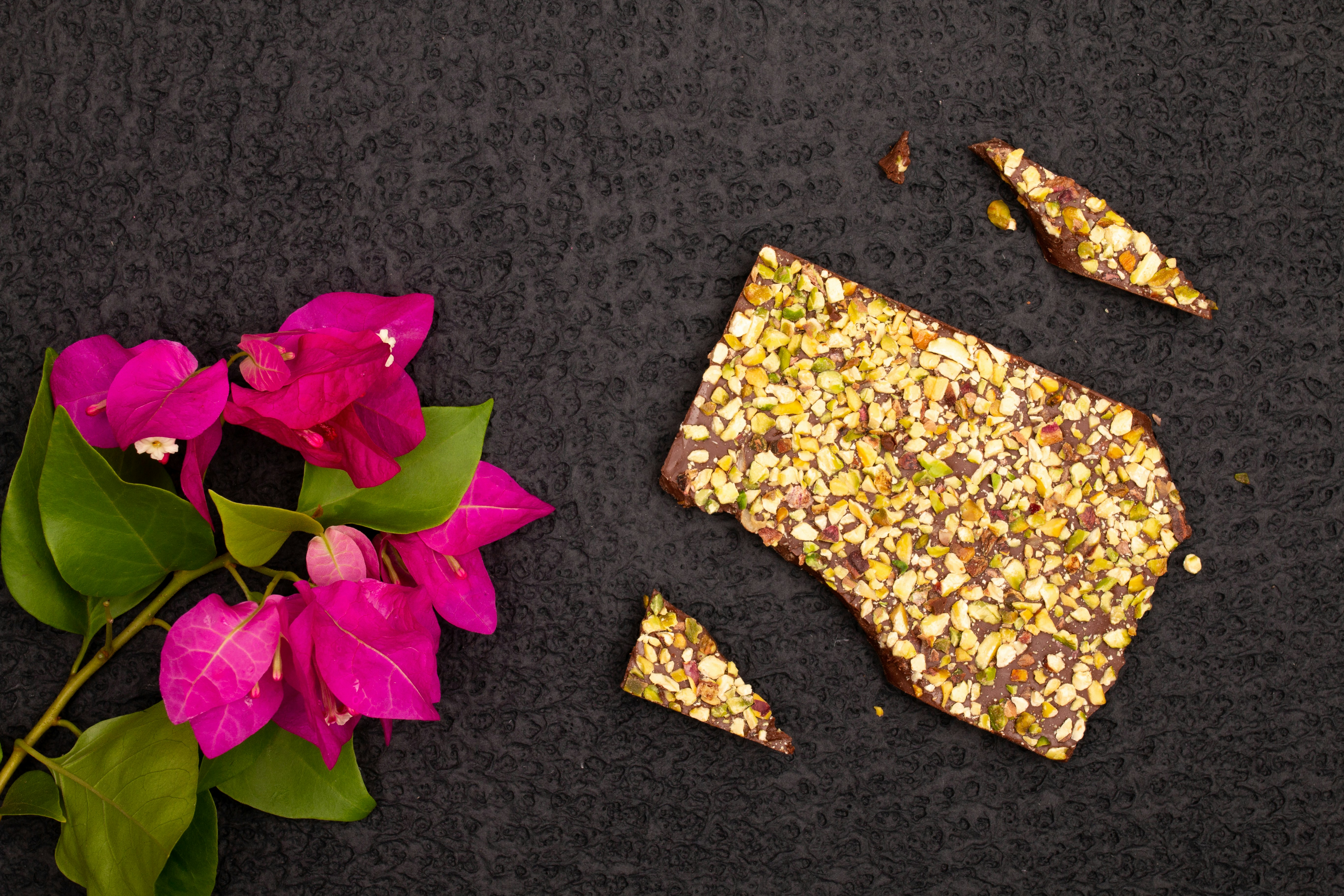 Pink Bougainvillea with Crunchy Sesame Bark onDarkSlate