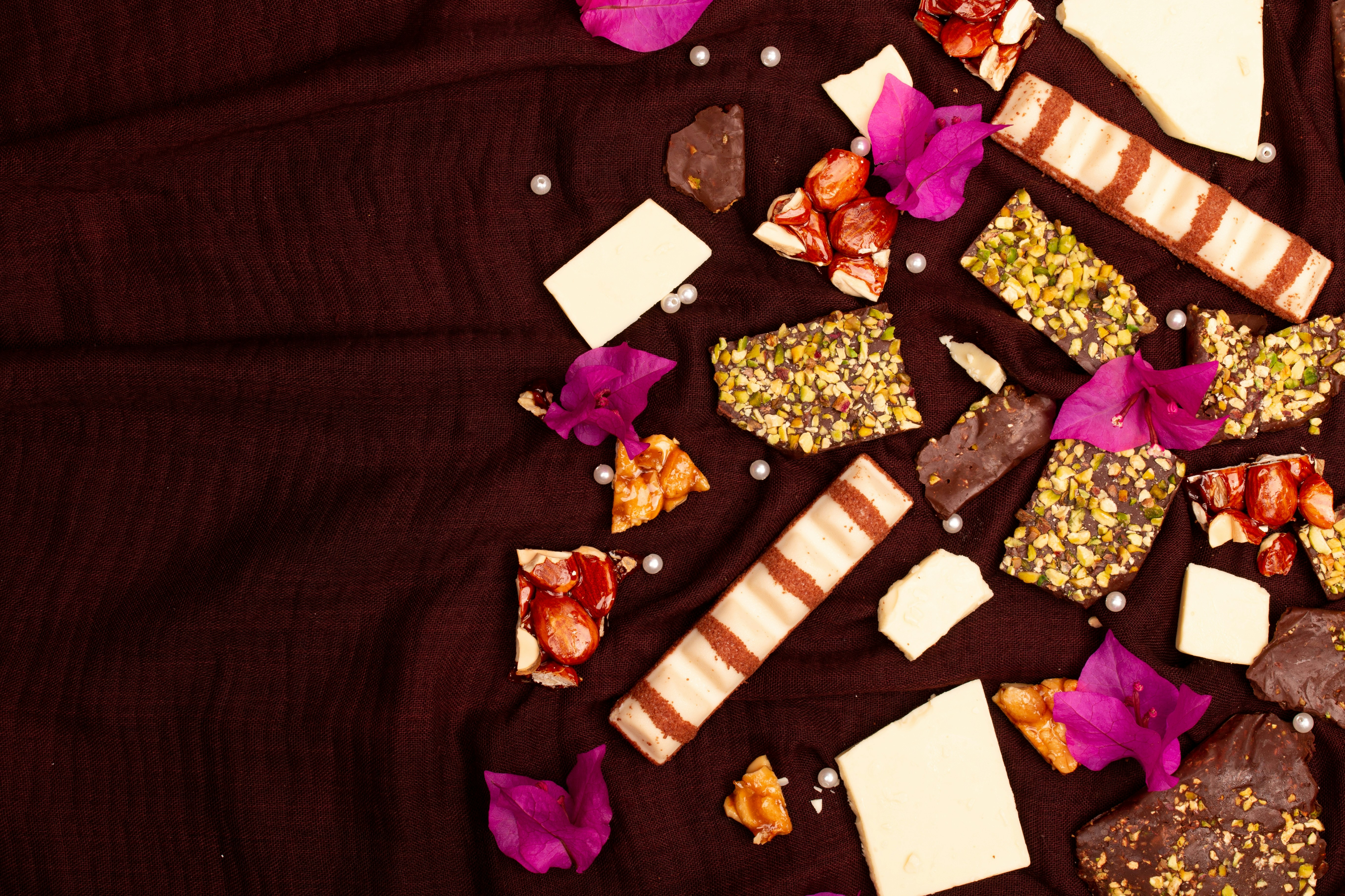 Chocolate Mosaic: Assorted Squares and Flowers on Velvet