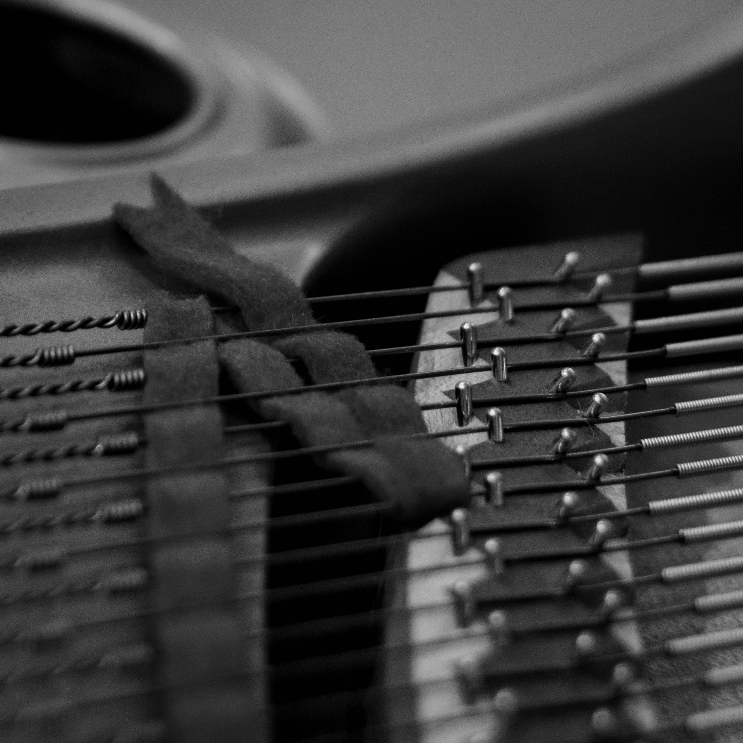 Tension on the Strings: A Black-and-White Close-Up of a Guitar Bridge