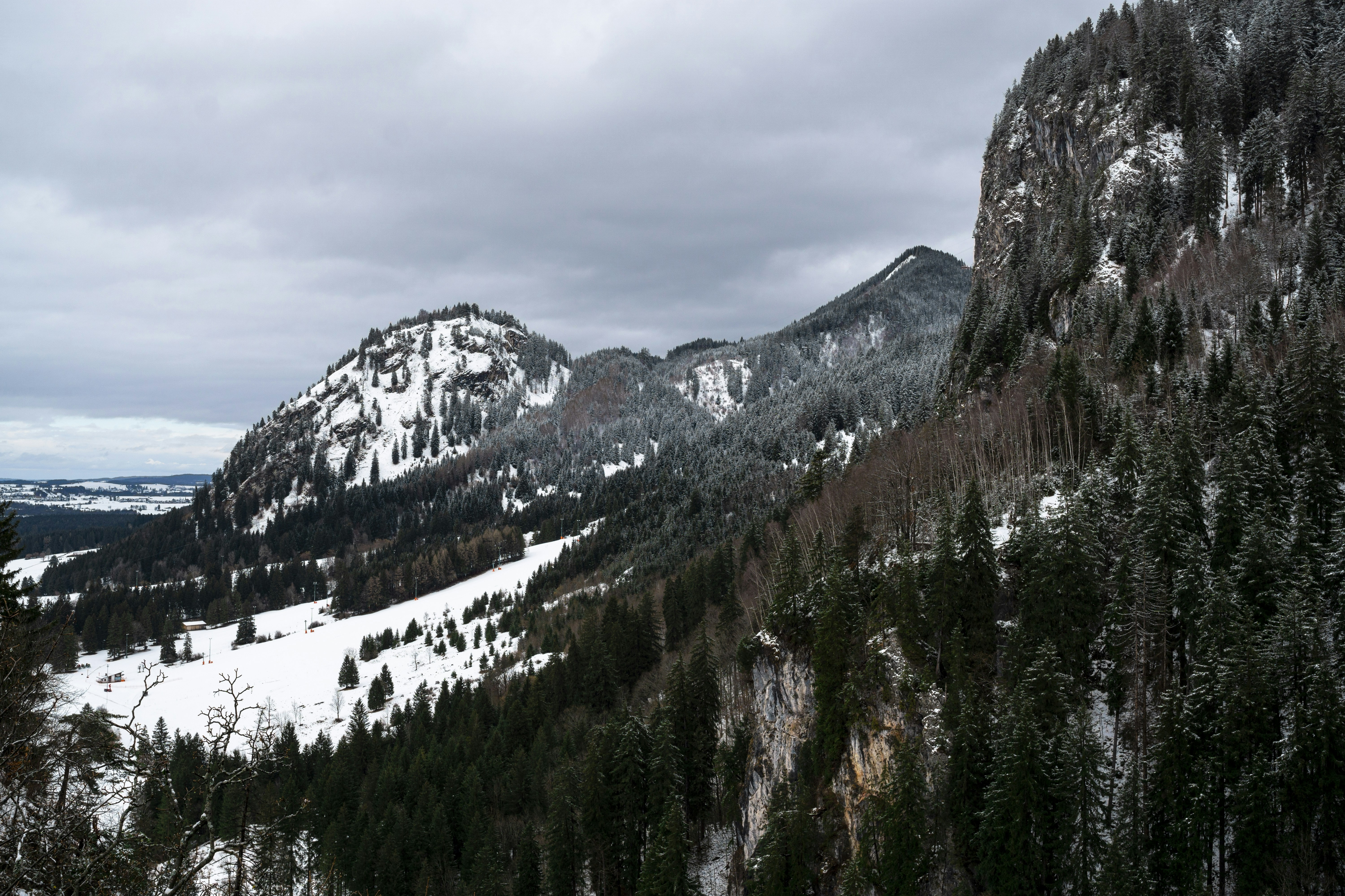 Snow-clad peak silhouette framing a forested valley under a brooding sky
