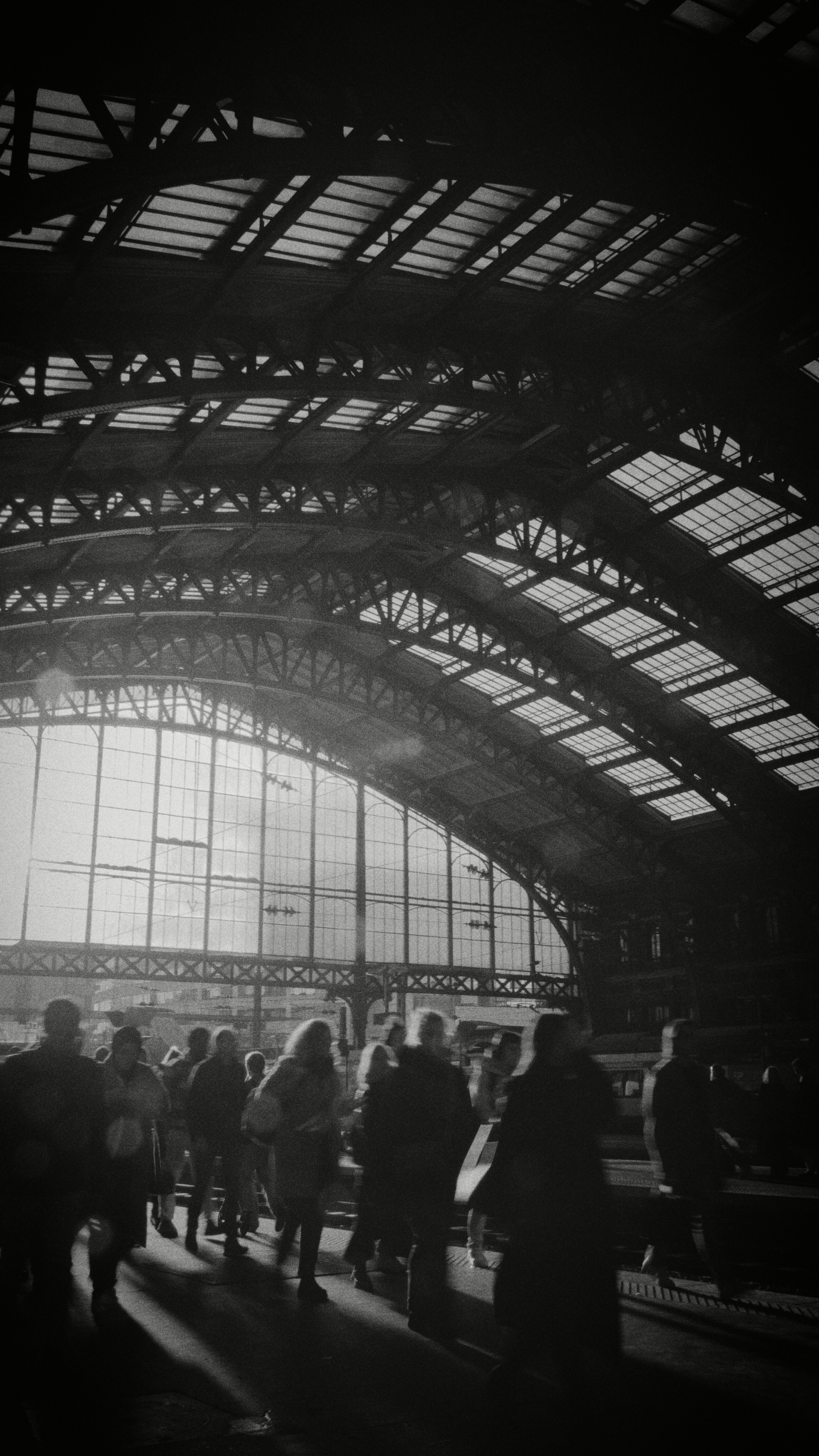 Silhouetted Crowd Beneath the Arched Glass Vault