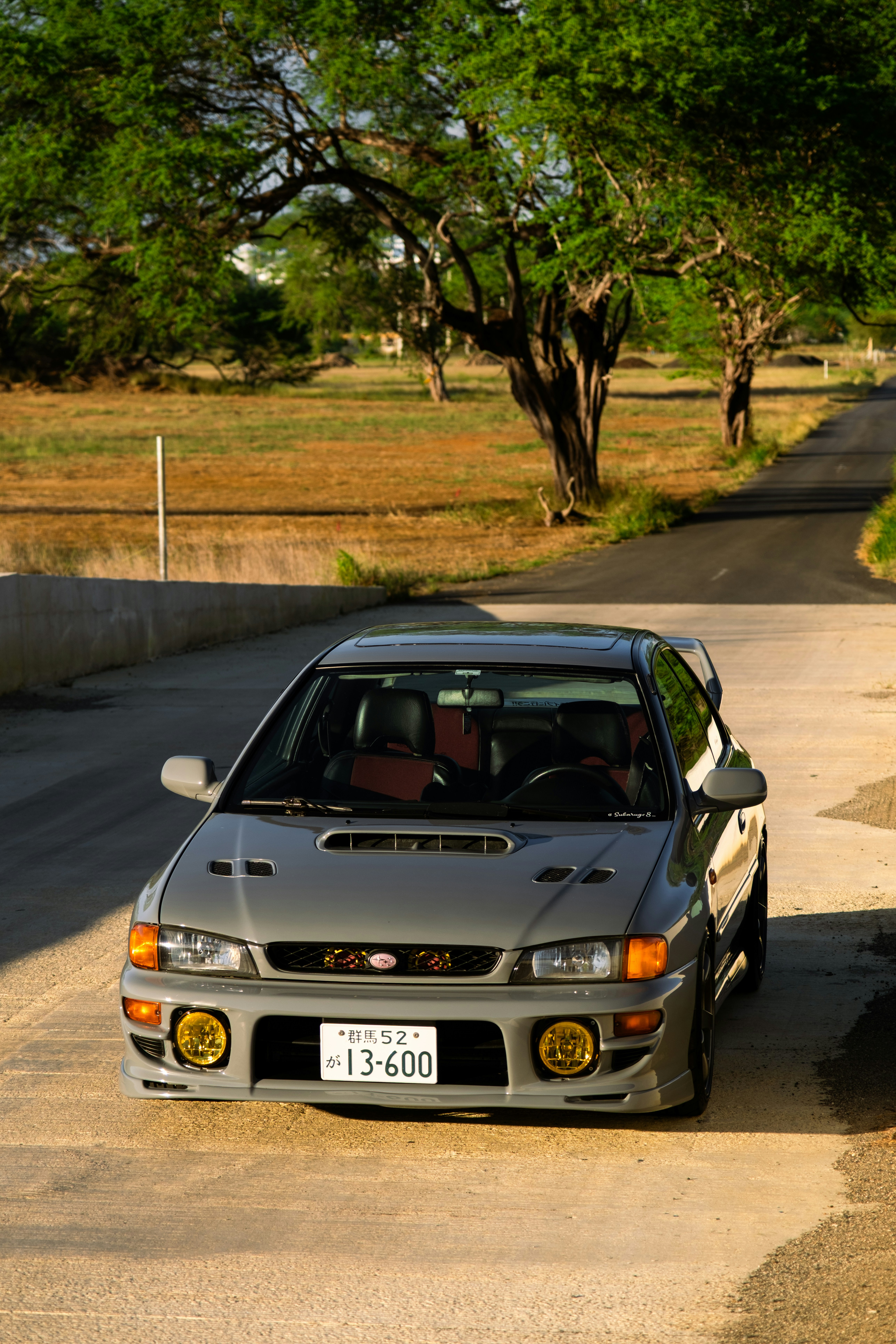 Low-slung silver rally car on a sunlit country road