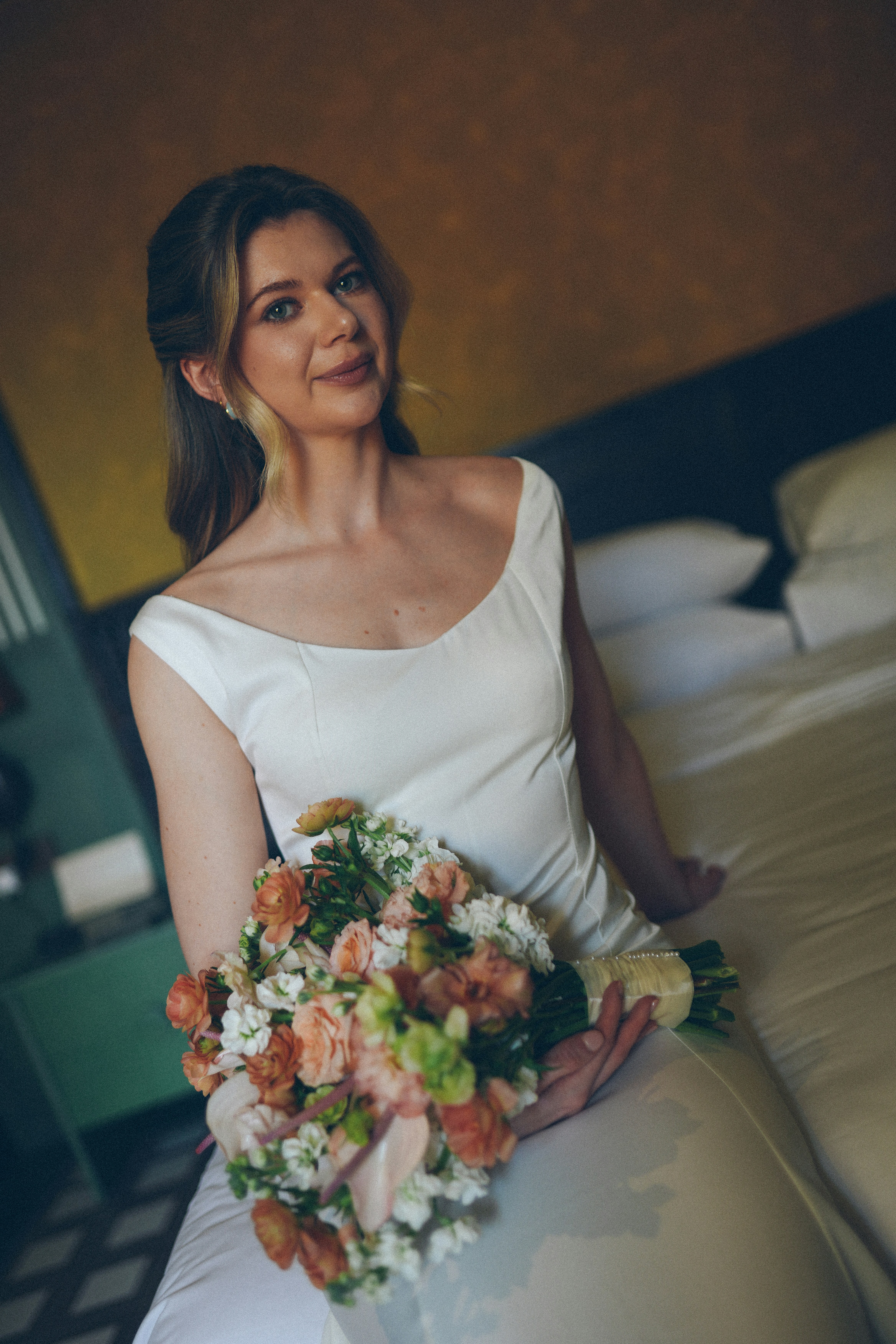 Bride in a Quiet Moment: Soft Light, Bouquet in Hand