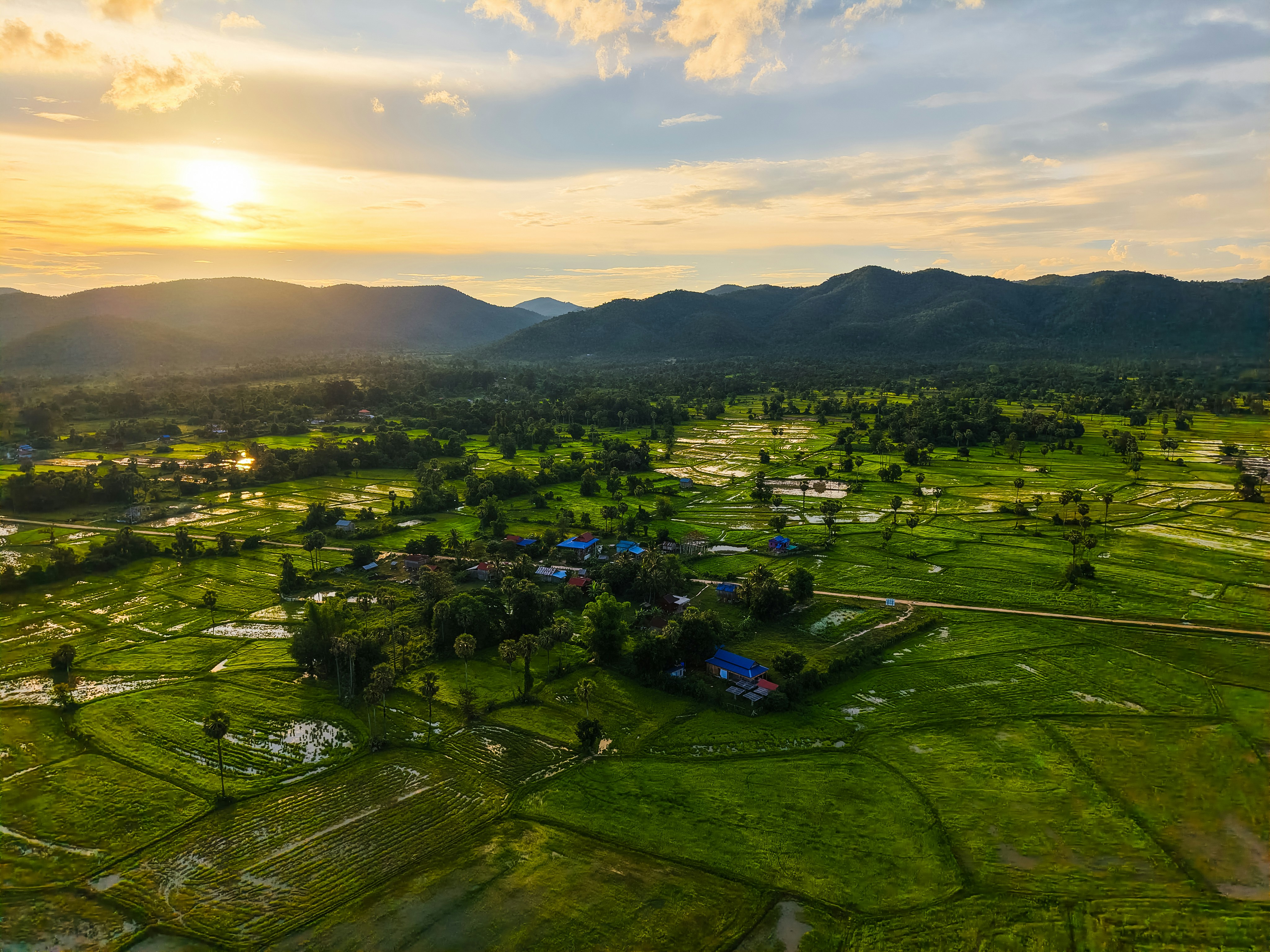 Golden-hour Fields: A Quiet Village Under Rolling Hills