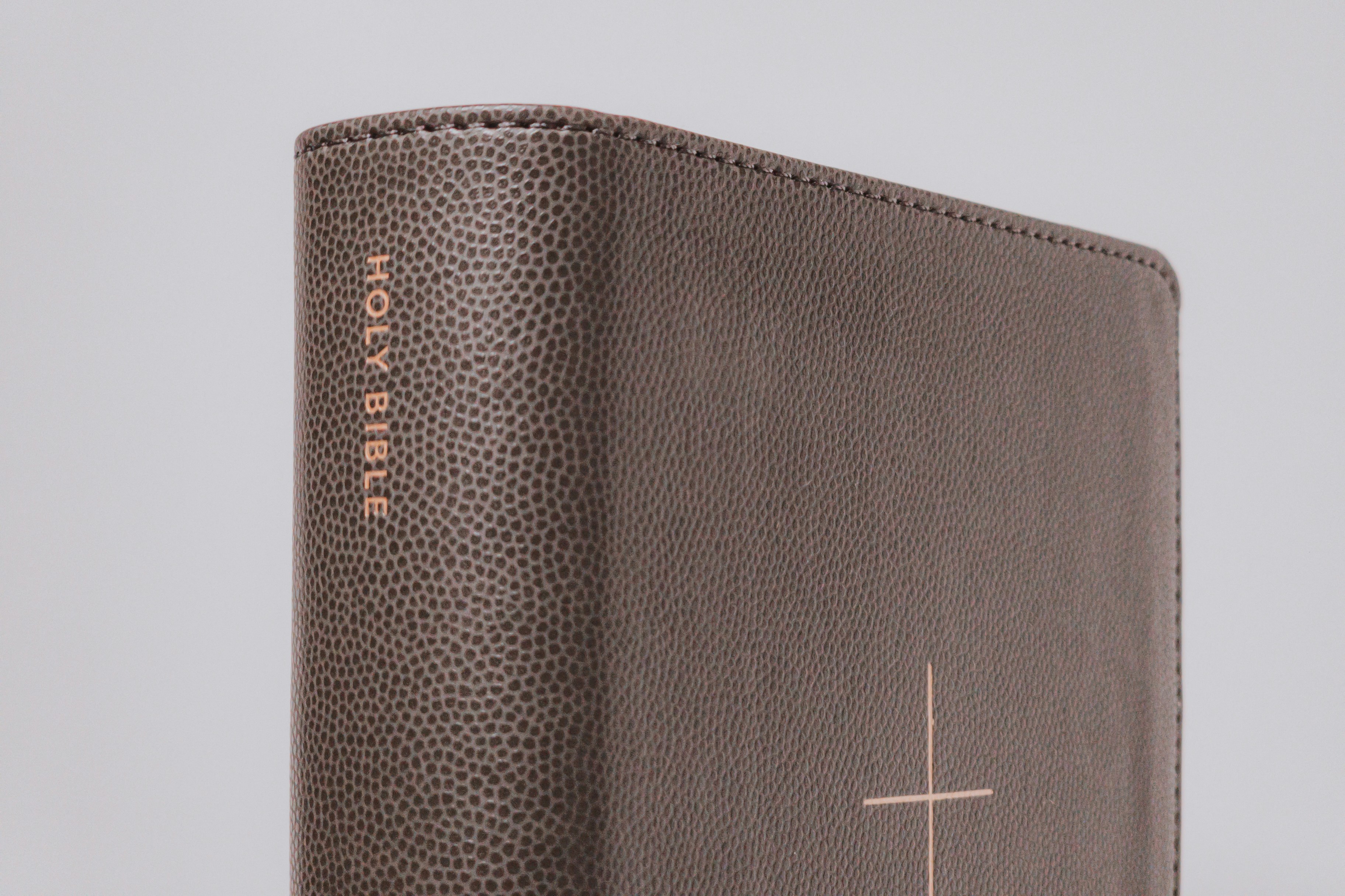 Close-Up of a Brown Leather Bible Spine with Cross Embellishment