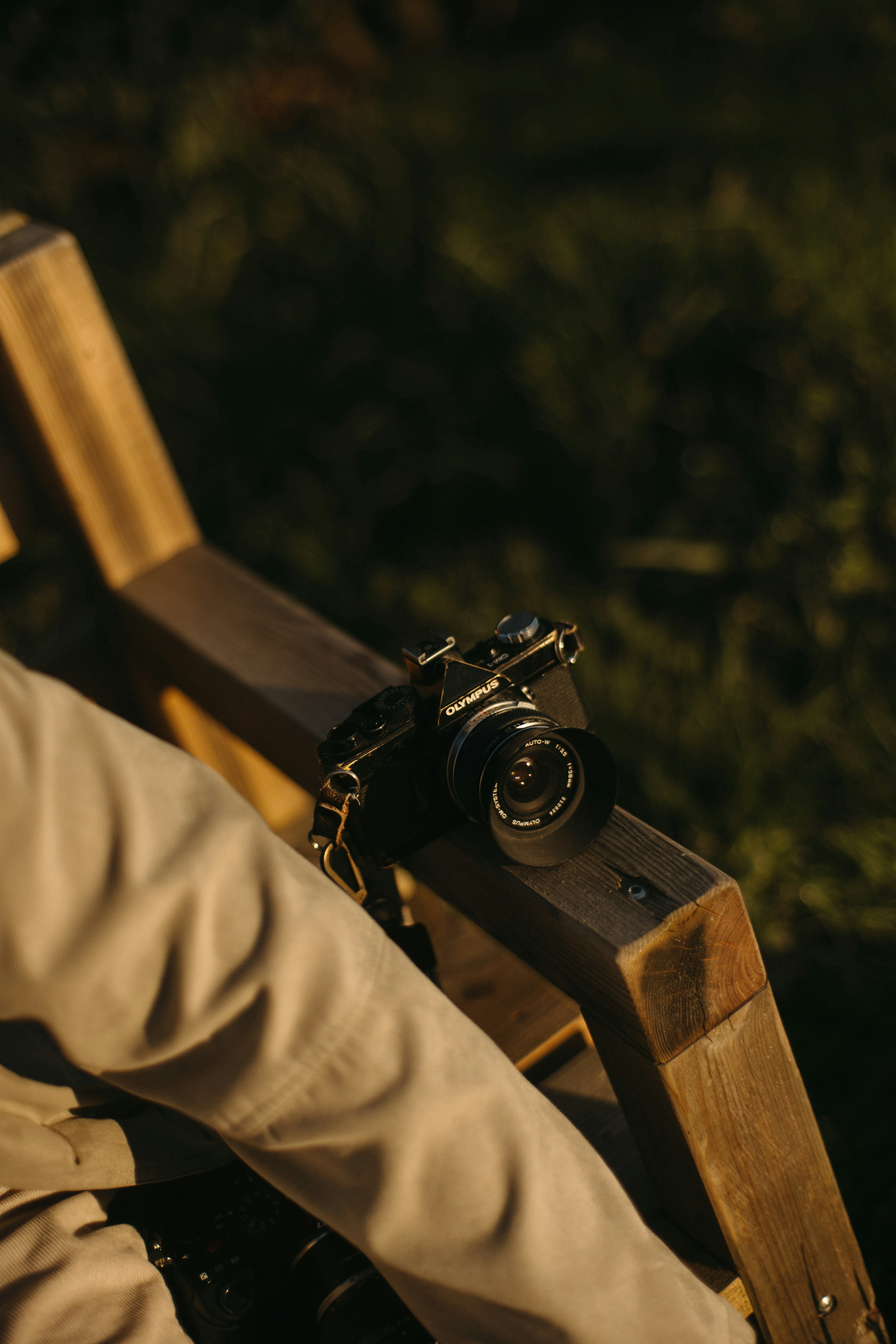 Rusted Benchwatch: A Vintage Camera Resting in Evening Light