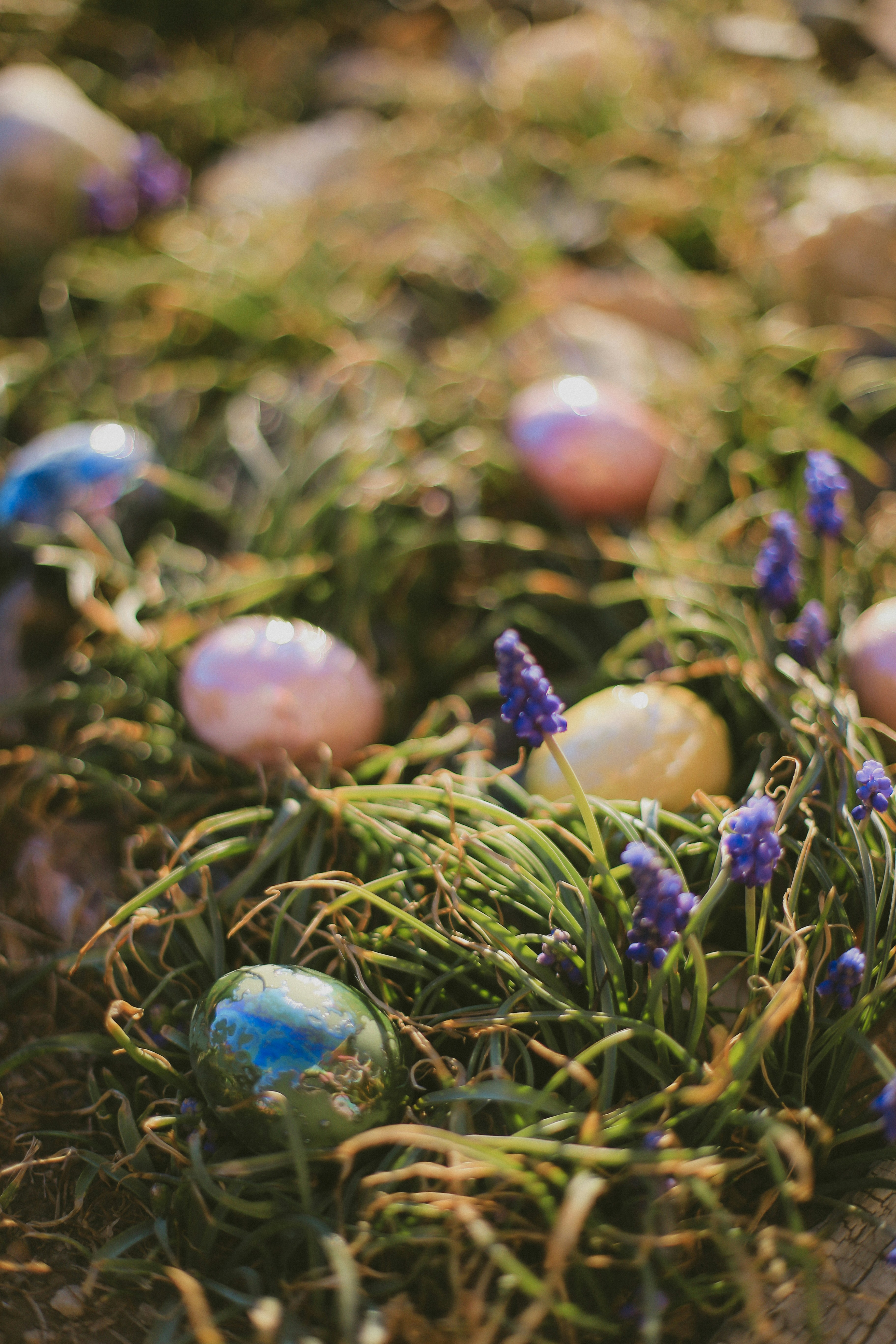 Easter Meadow: Marble Eggs Resting Among Lavender and Grass