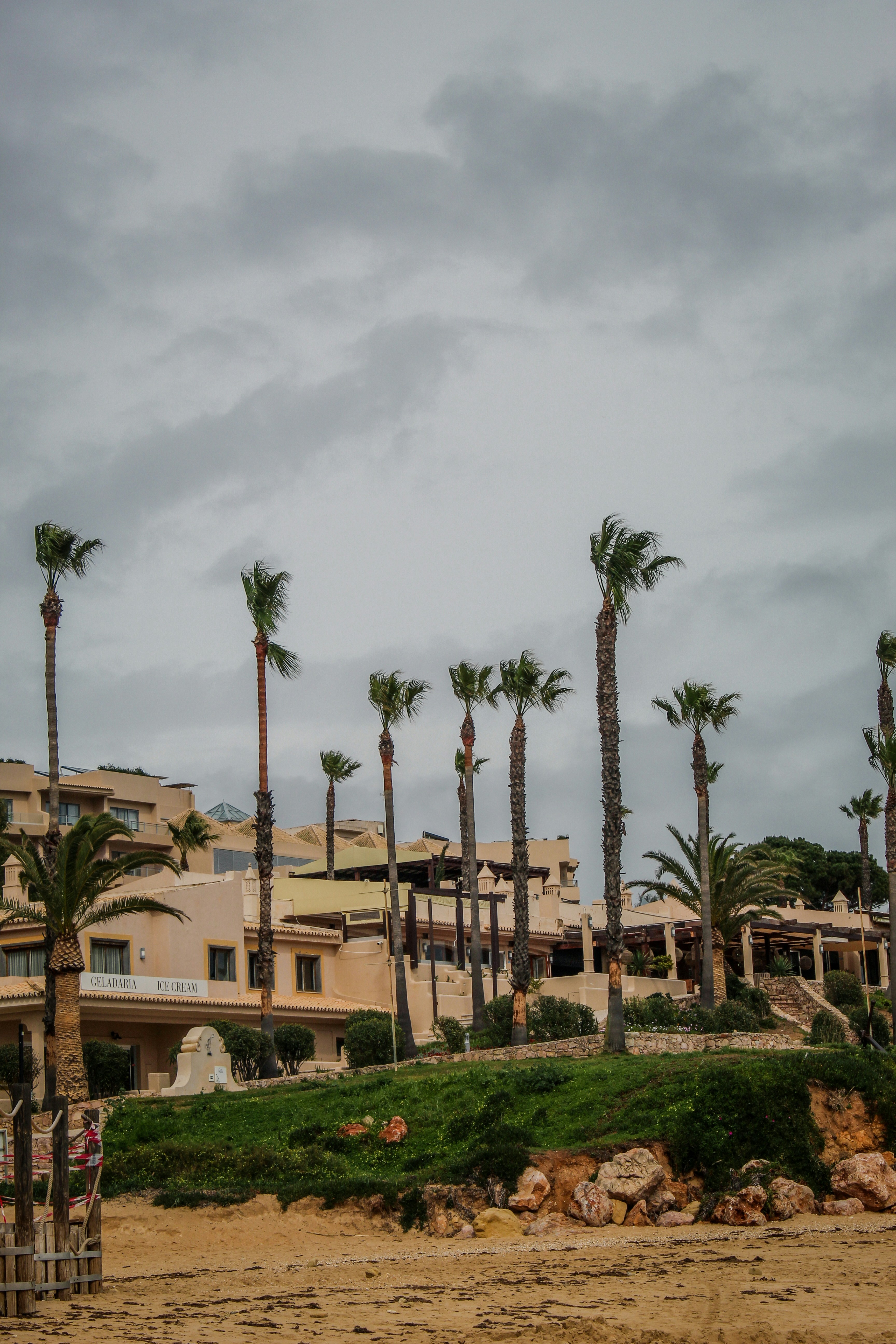 Palm-Lined Cliffside Village Beneath Moody Skies