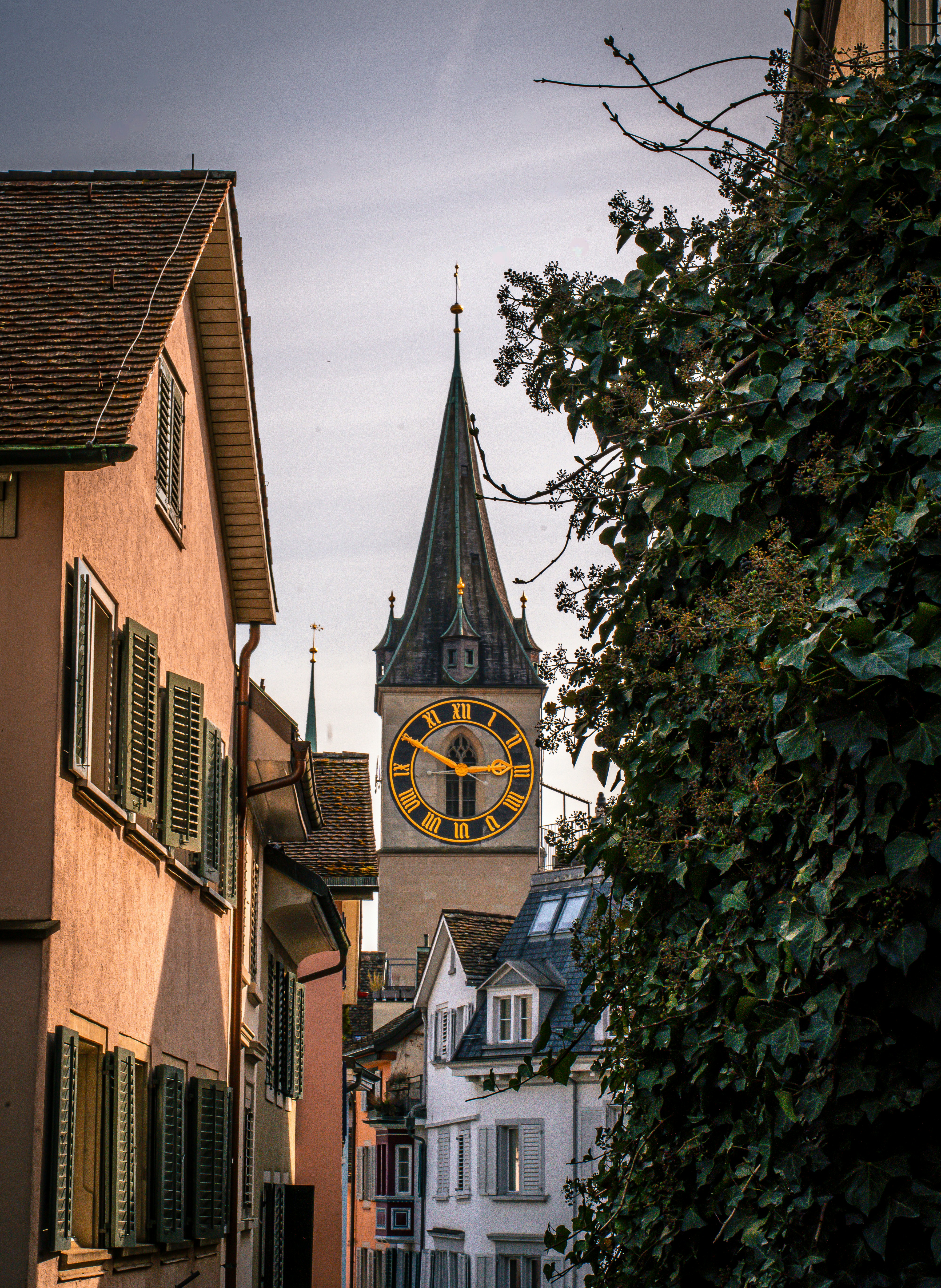 Clock Tower Narrow: A Swiss-Chalet Street Framed by Erect Clock Spire