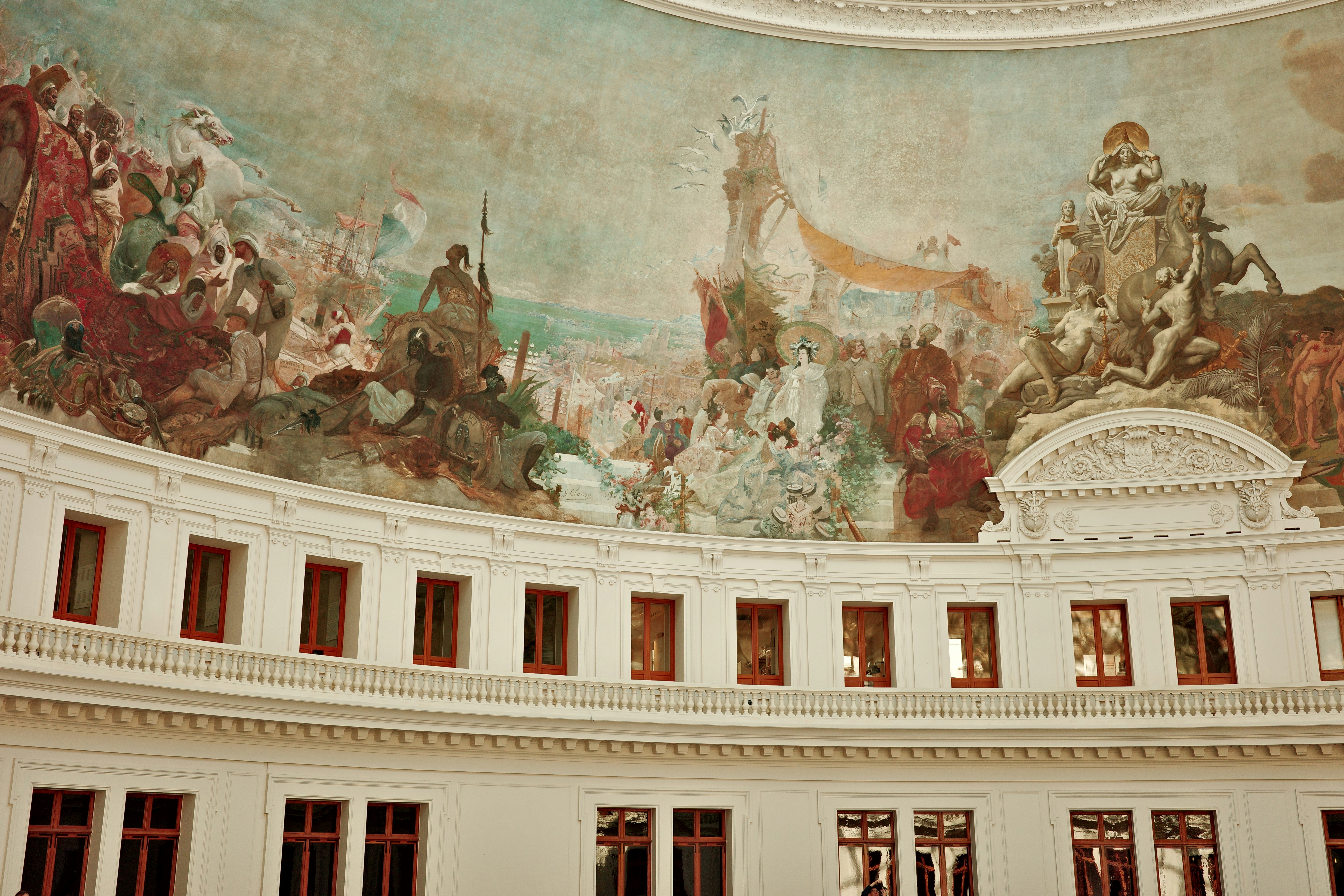 Baroque Ceiling Reverie: Frescoed Sky Over a Beadboard Gallery