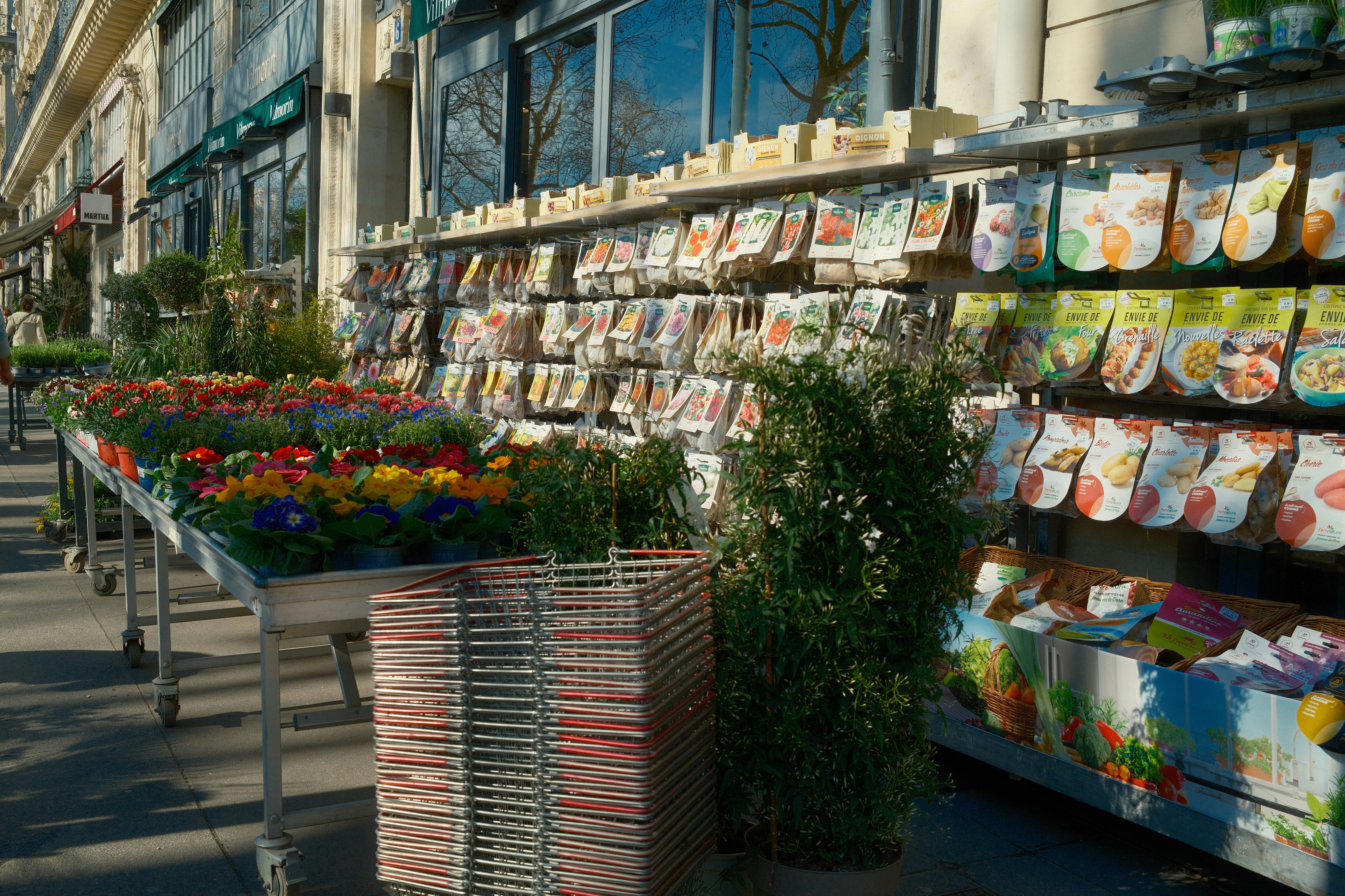 Street Market Aisle: Colorful Fronts and Stacks of Trays