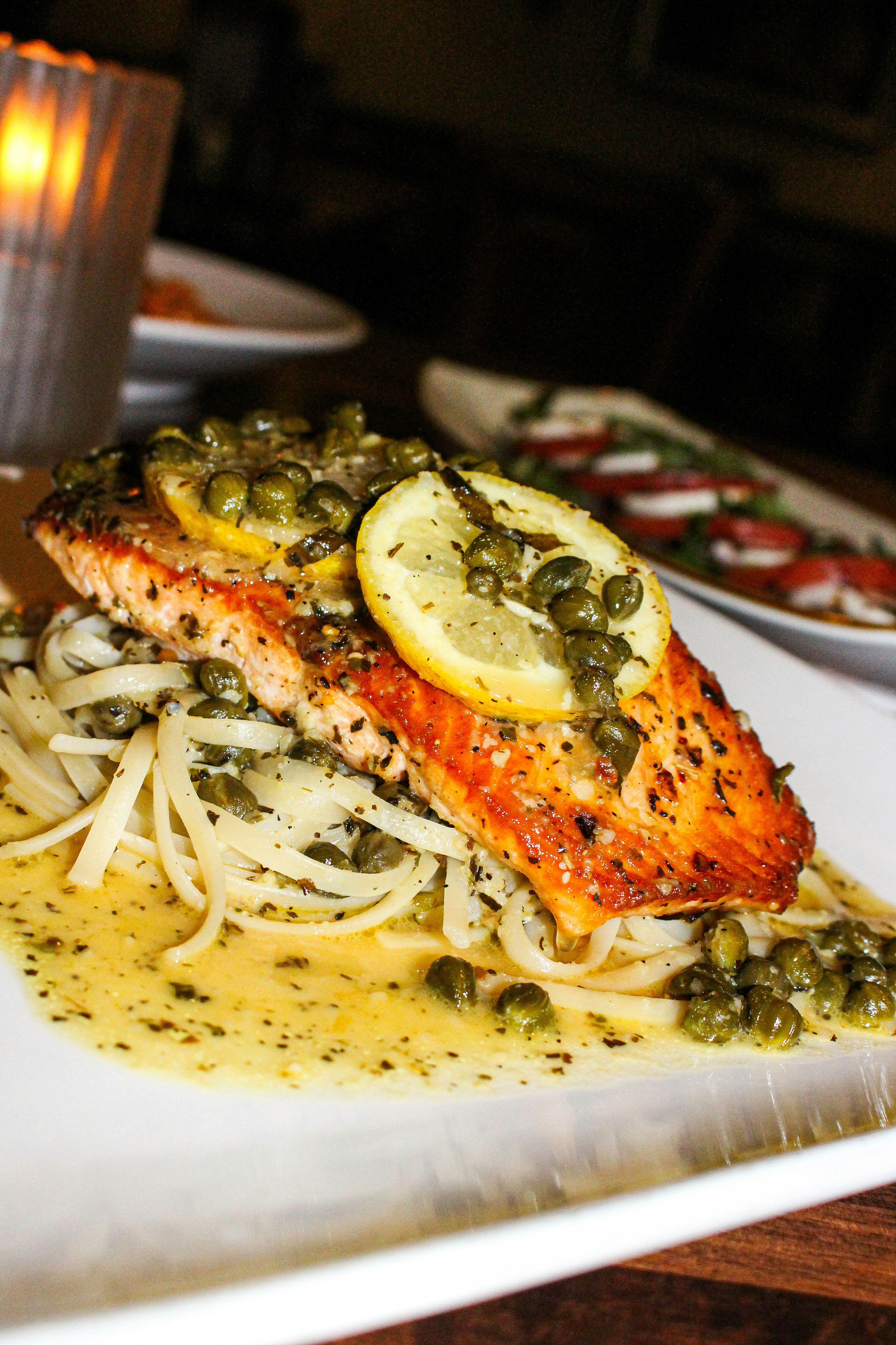 Lemon-crowned Salmon on a Bed of Pasta