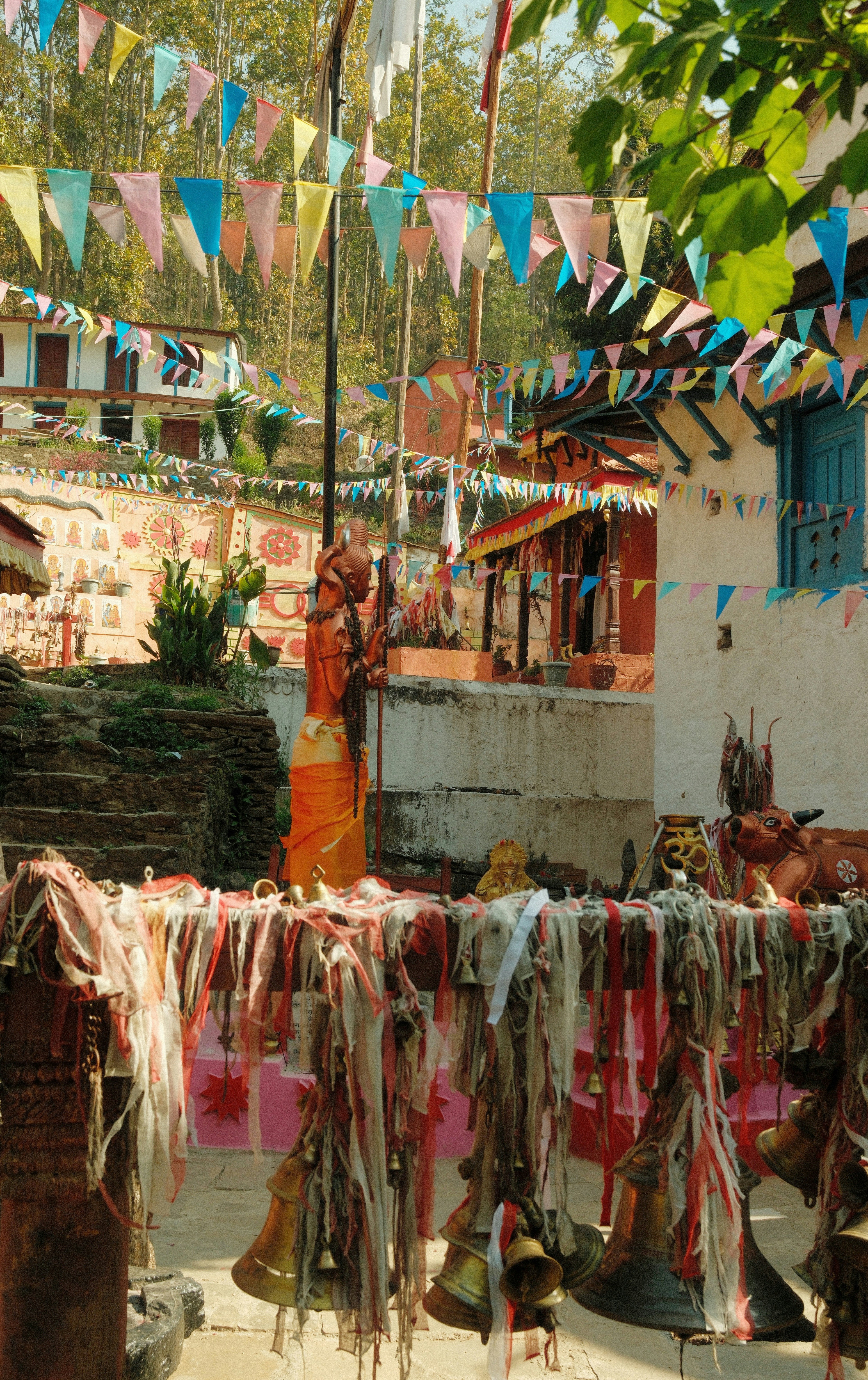 Colorful Festival Flags Over a Shrine Courtyard