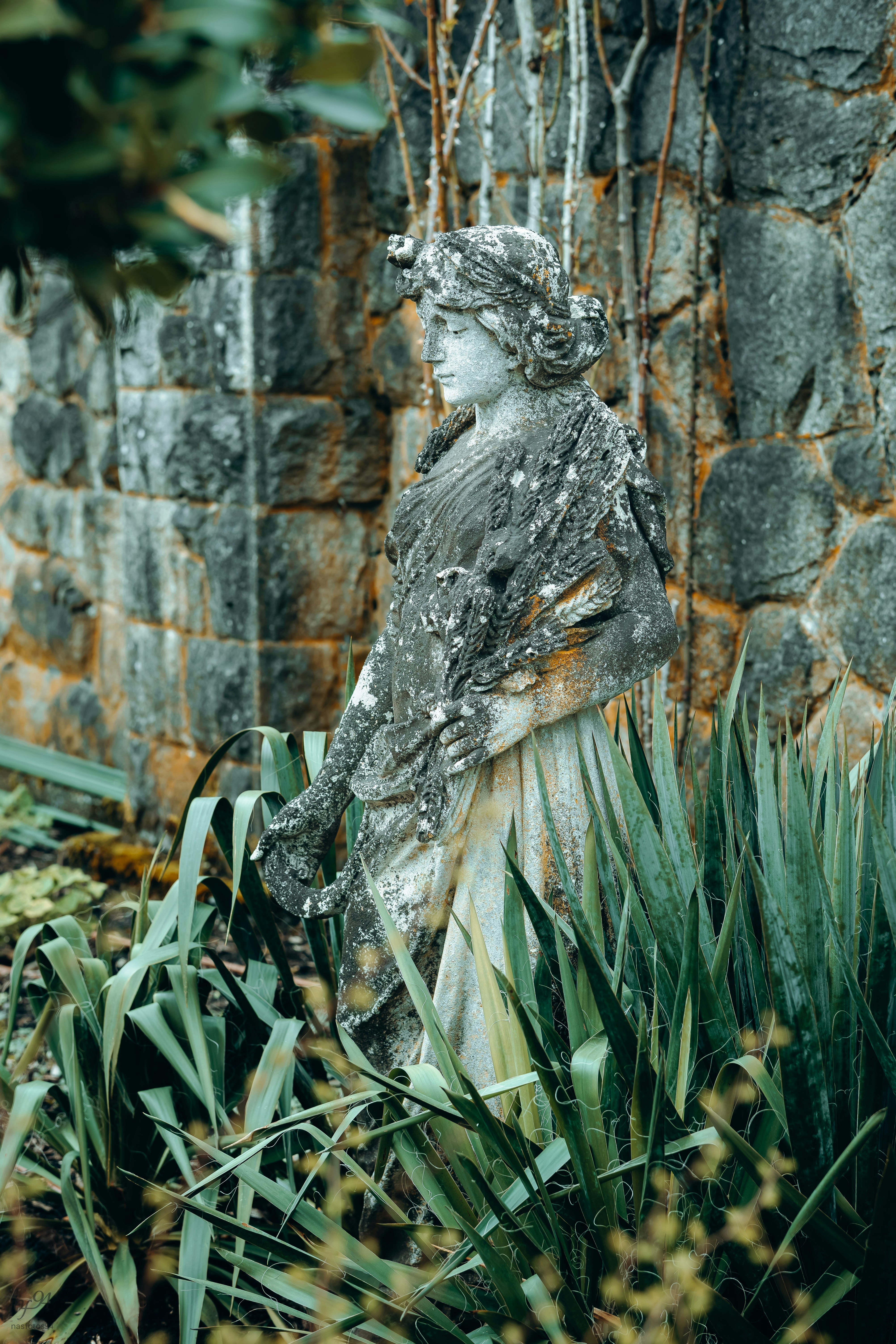 Weathered Grace: a stone statue among tufts of green
