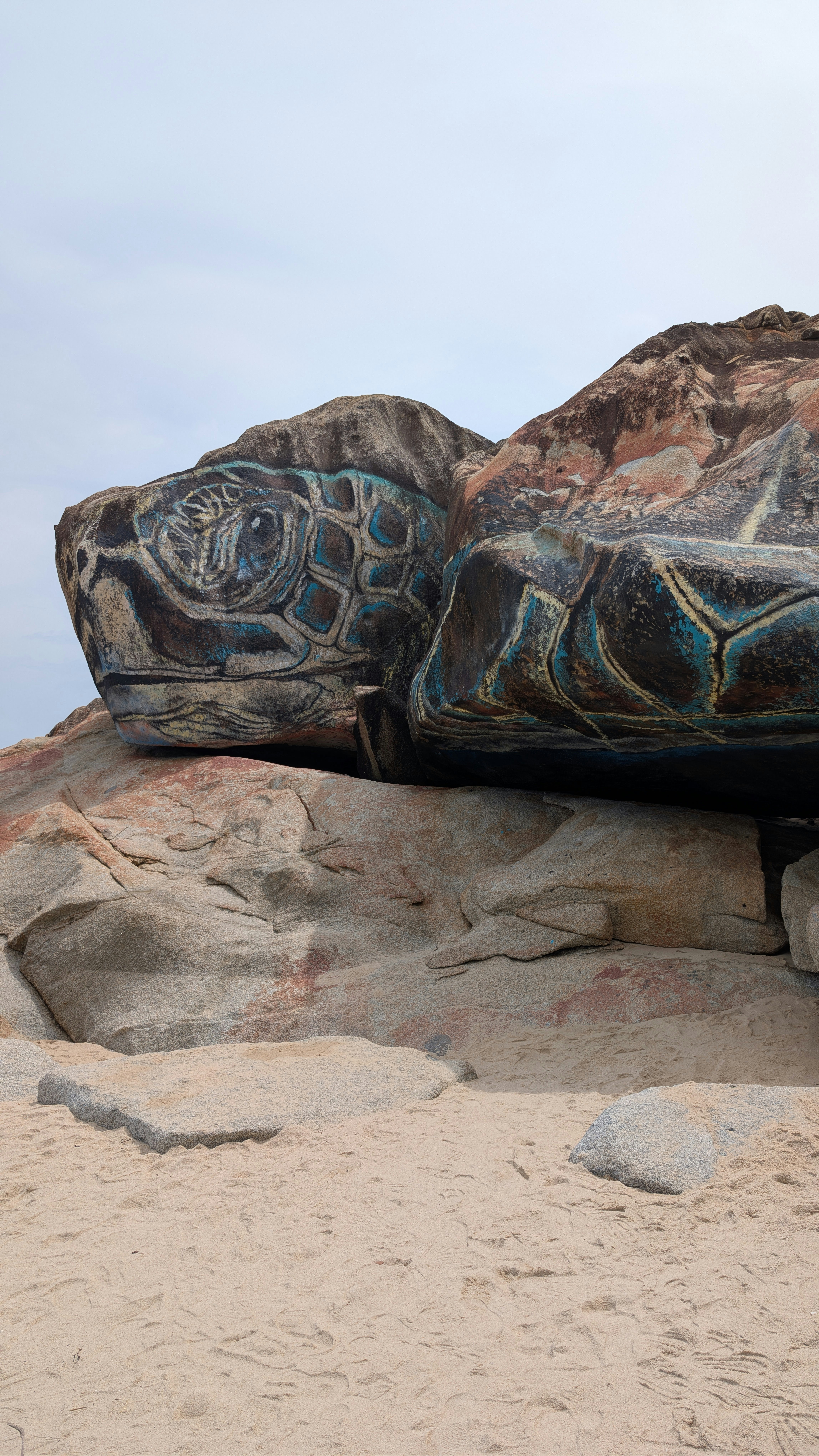 Painted Giants: Weathered Tortoise Rock Faces on a Quiet Shore