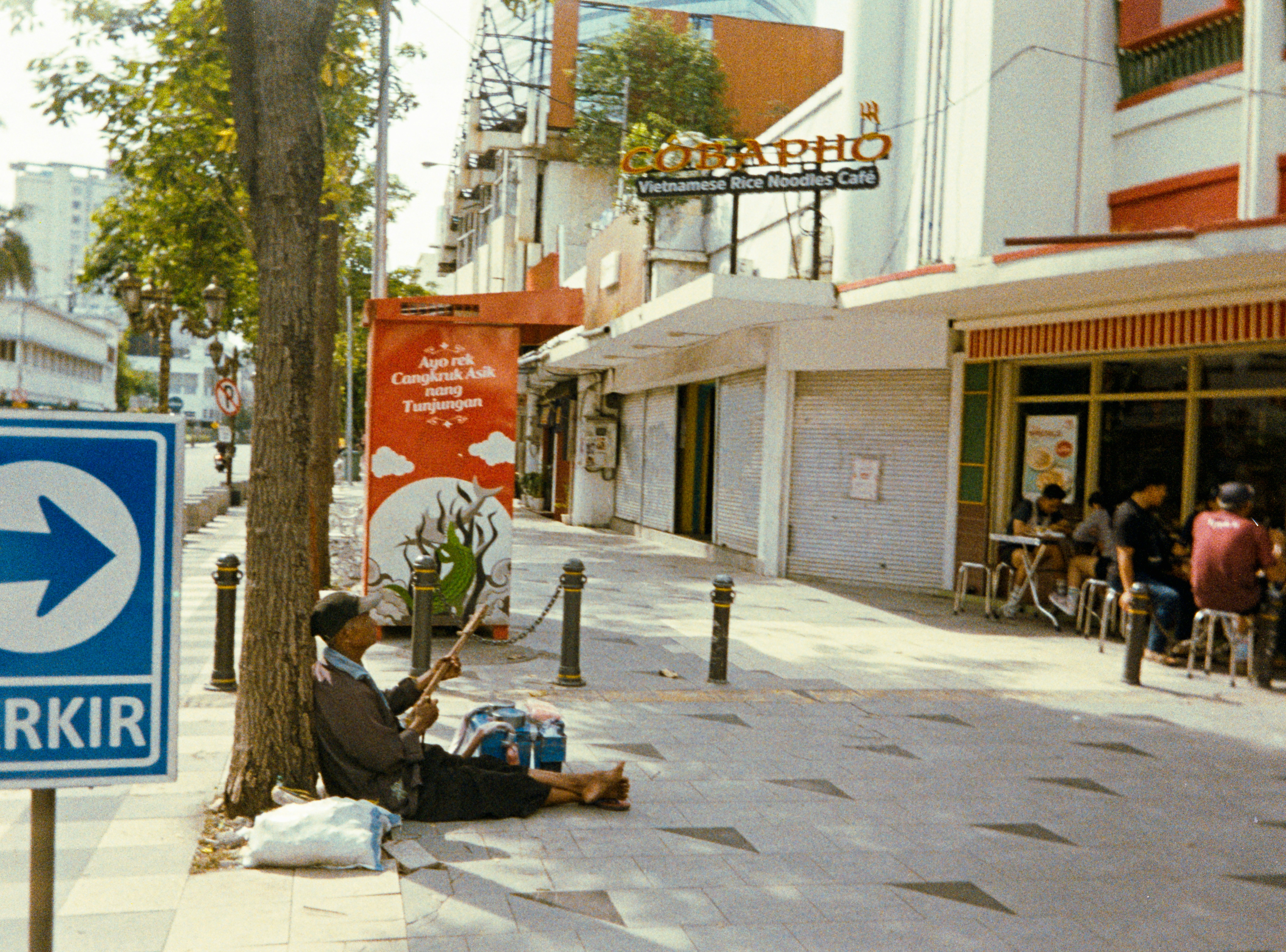 Layover on a sunlit Vietnamese boulevard, a man rests beside a tree