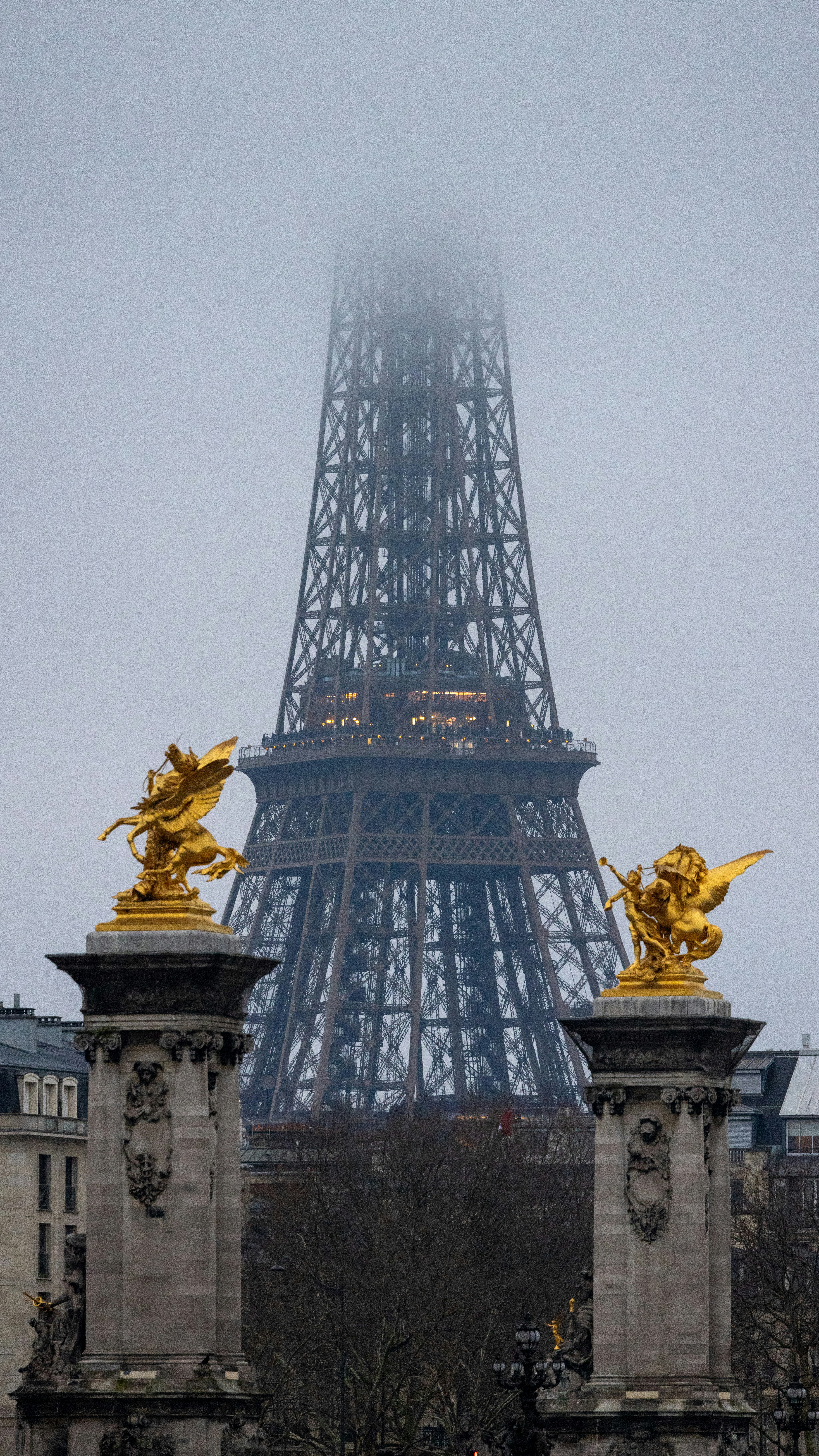 Golden Eagles Guard the Fog-Softened Tower