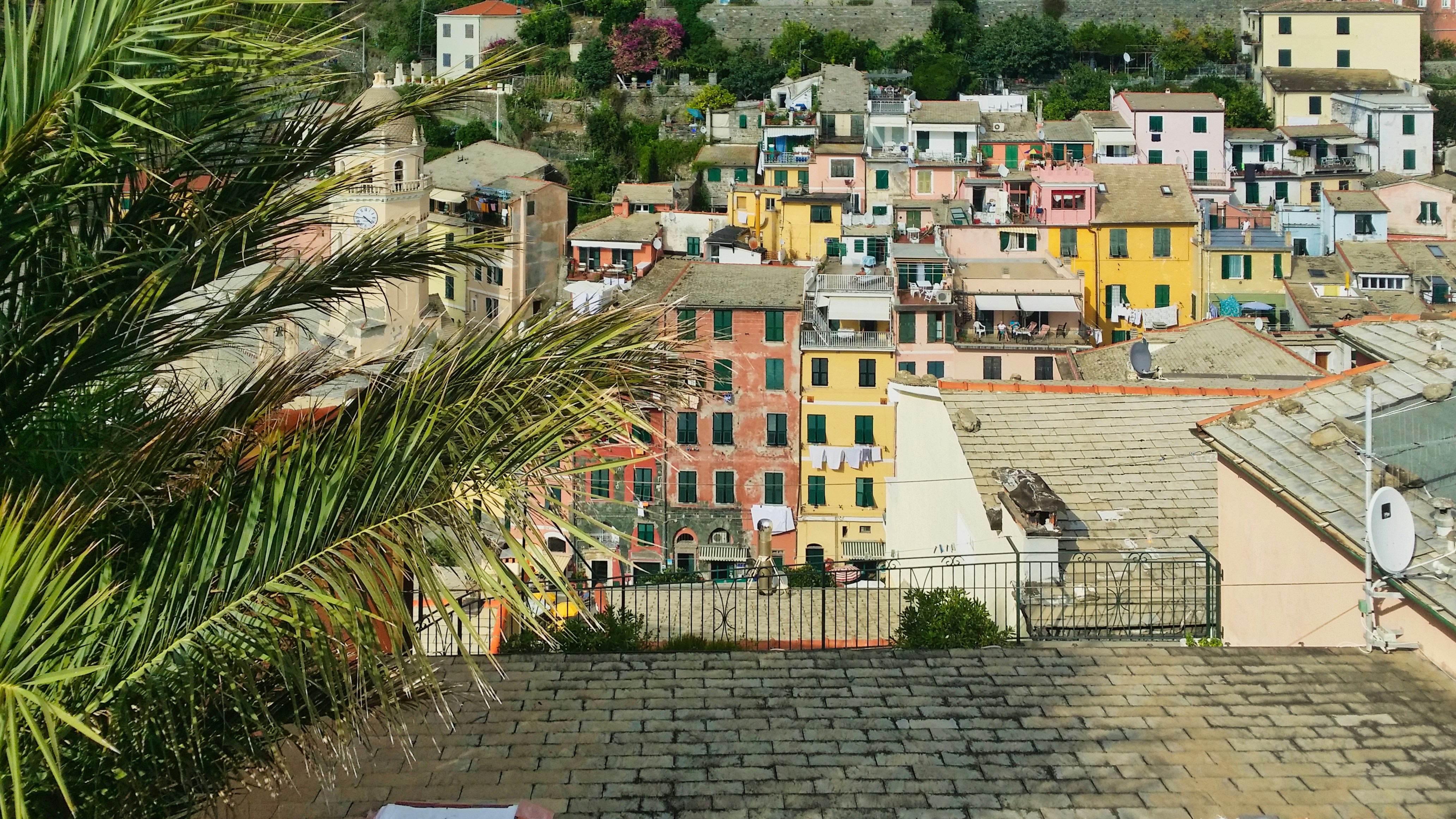 Sunlit Italian hillside village from a rooftop vantage