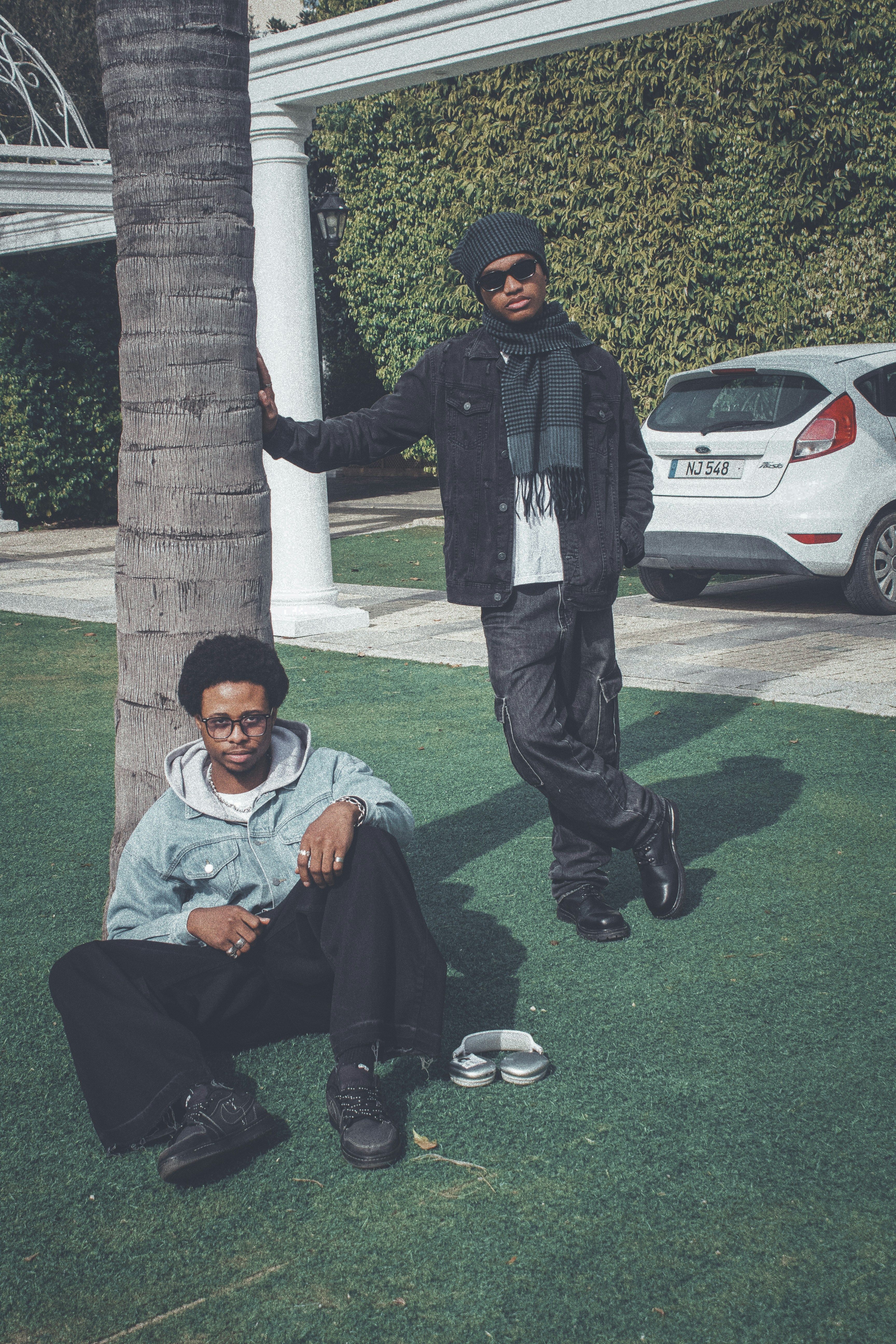 Friends in the yard: urban style in the shade of palm and car