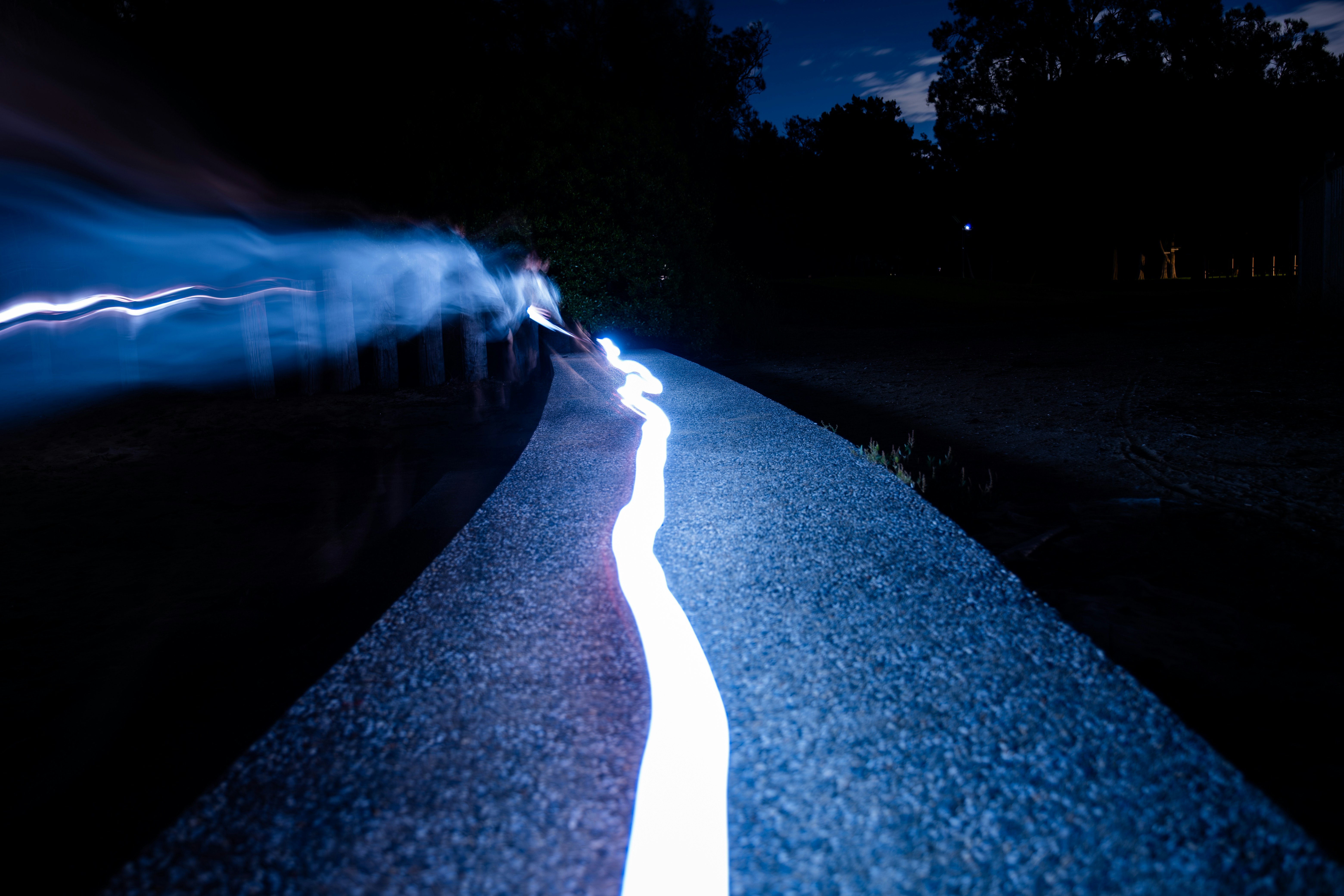 Light Thread Across the Park: Long-Exposure Night Trail