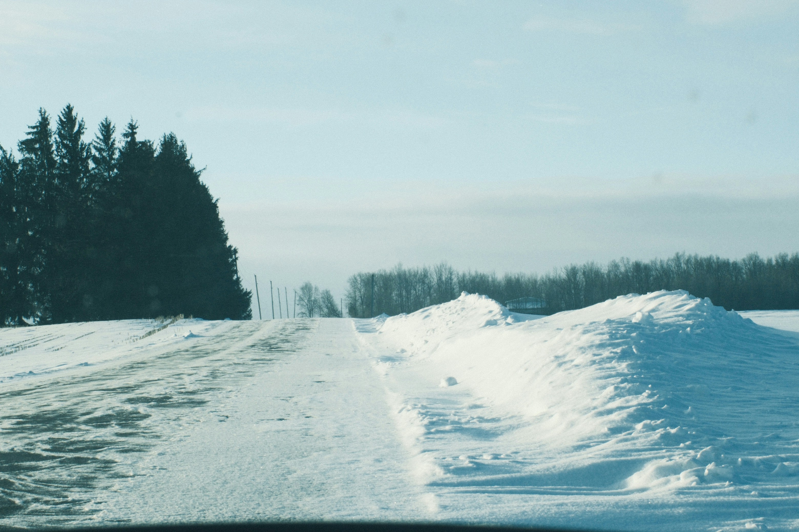 Snowy road with trees and clear sky