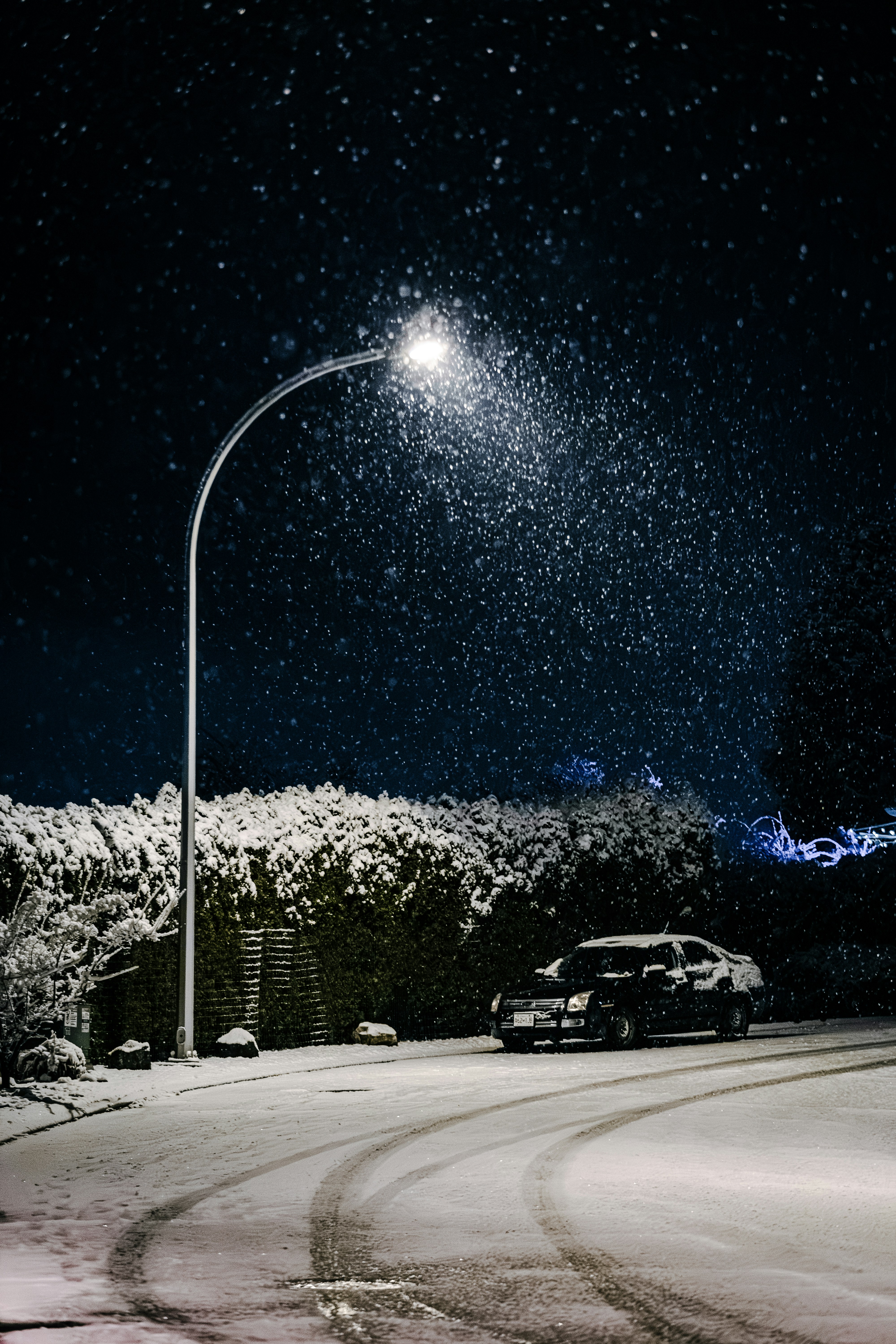 Snowlit Curves: A Night Drive Under a Star-Filled Sky