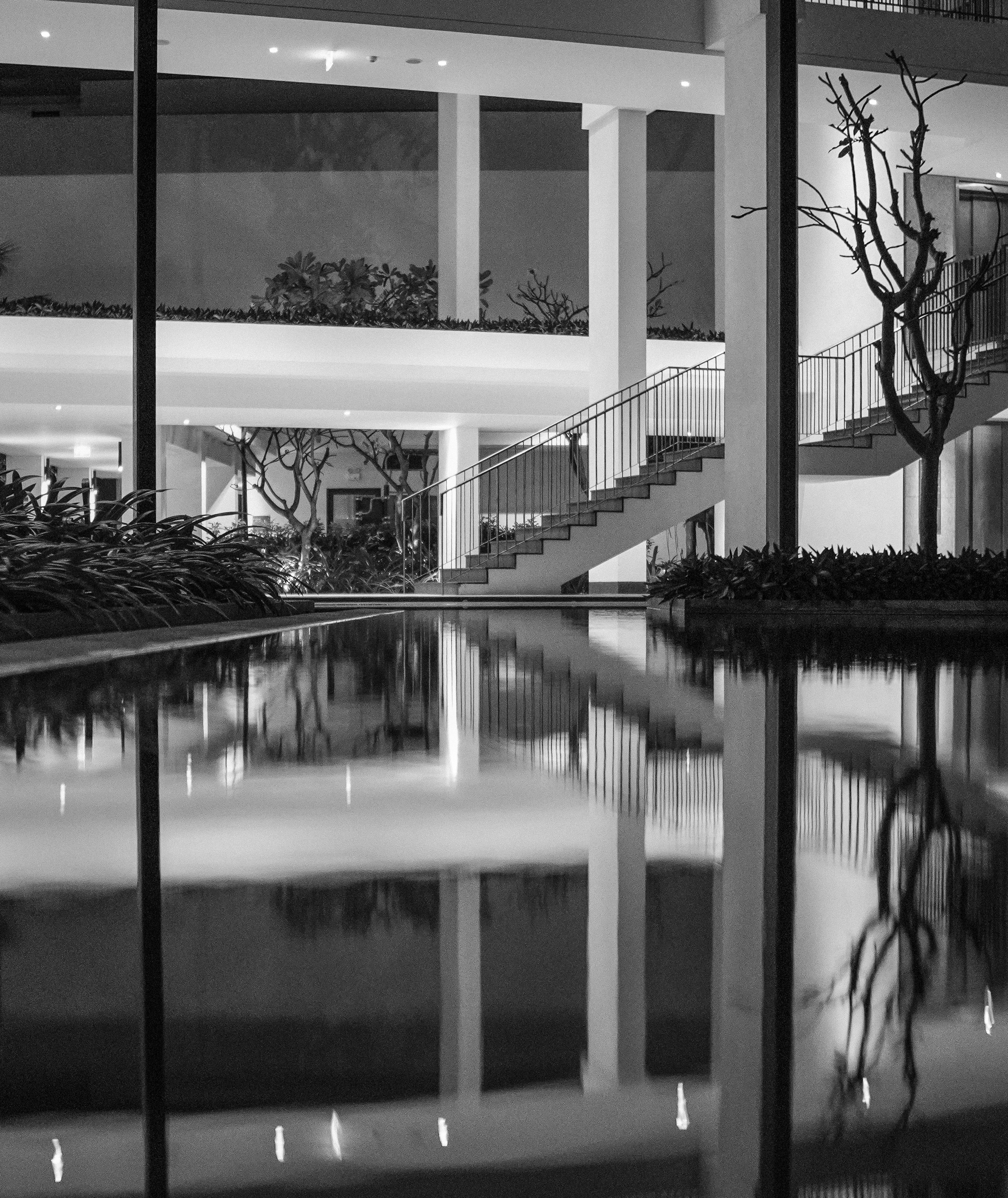 Echoes of Geometry: Stairs and Reflections in a Quiet Atrium
