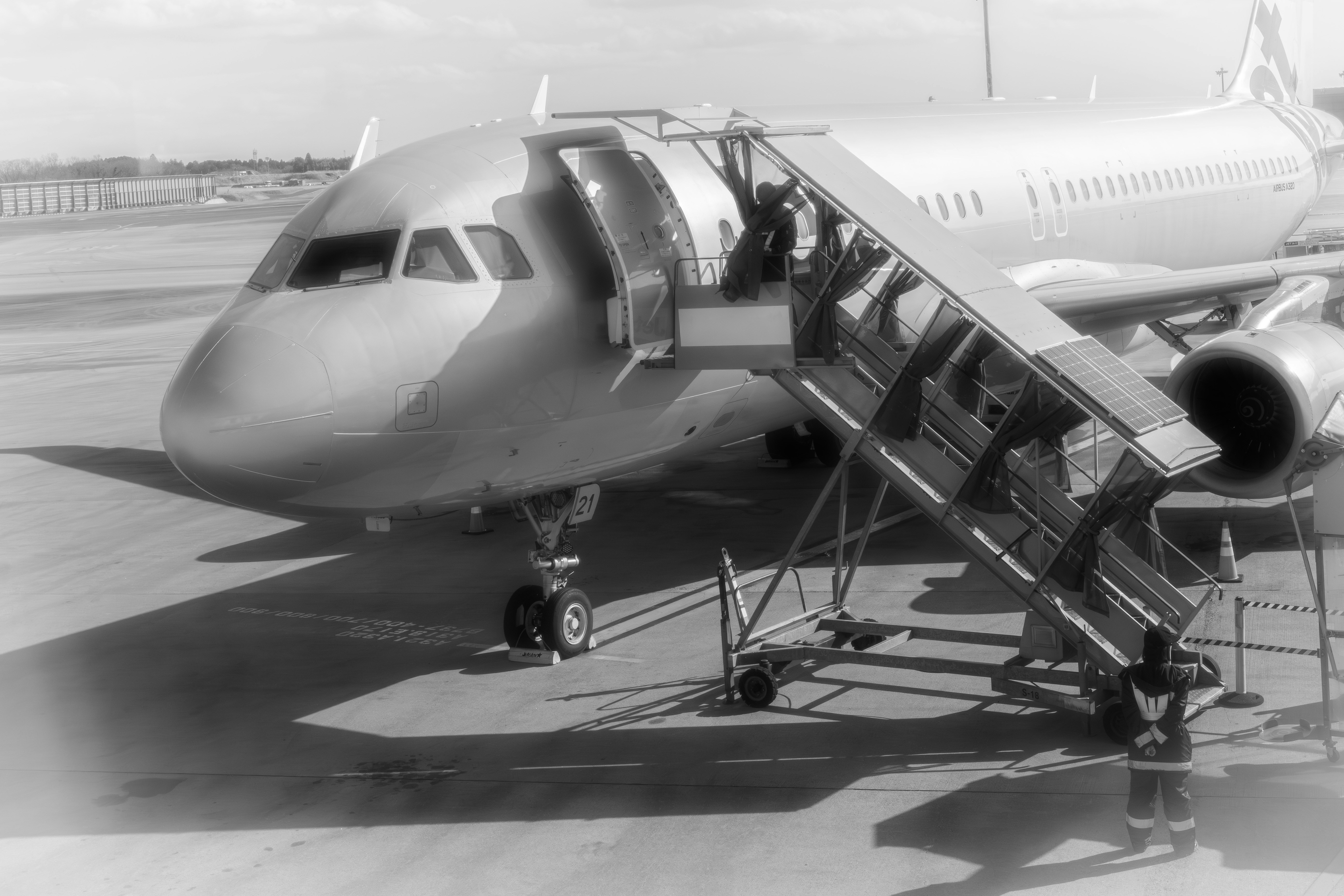 Grounded Ascent: Passengers Await as Doors Open on a Service Stairway